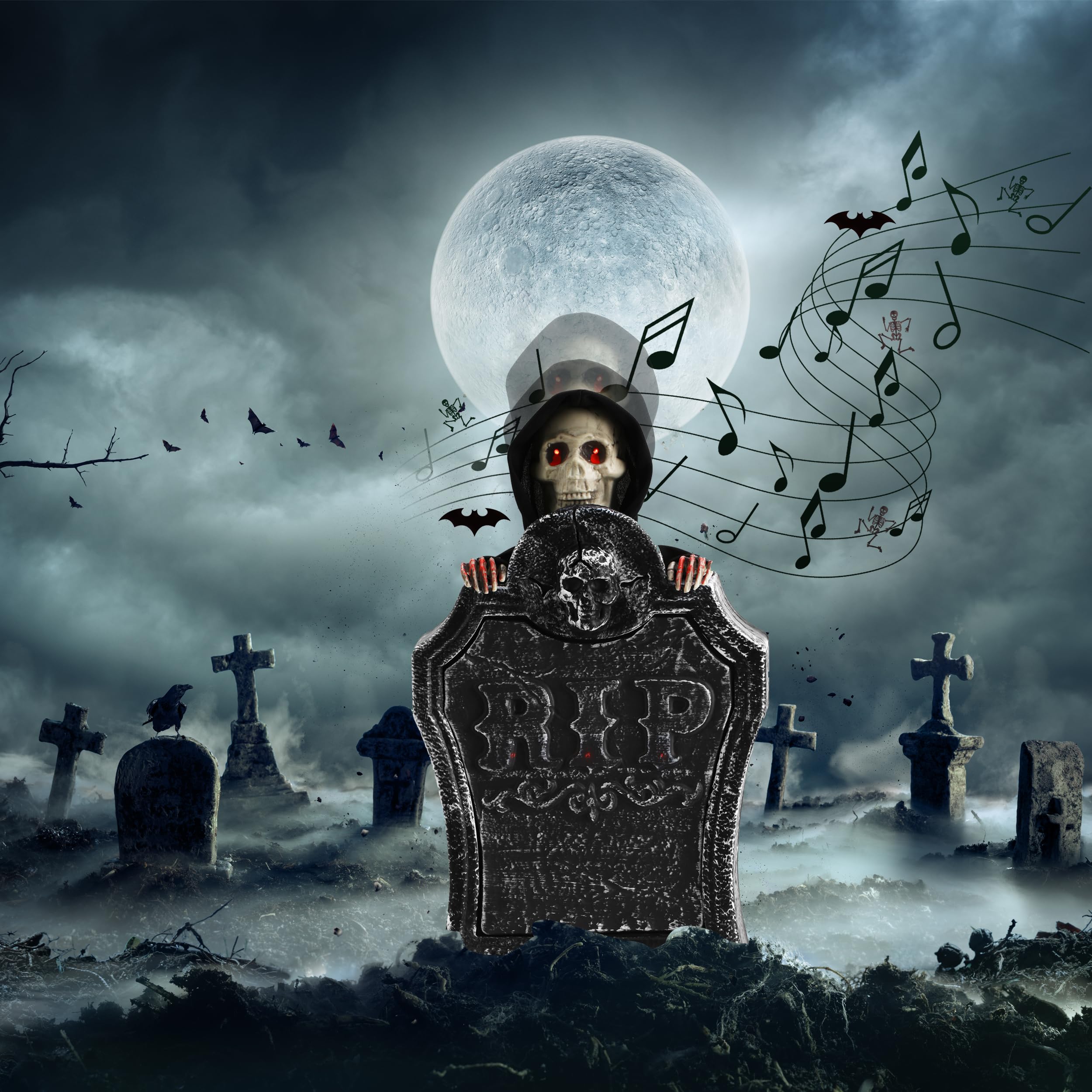 Spooky Sound-Activated Halloween Outdoor Decoration, Animated Tombstone with Lifting Ghost and Vocal Lights