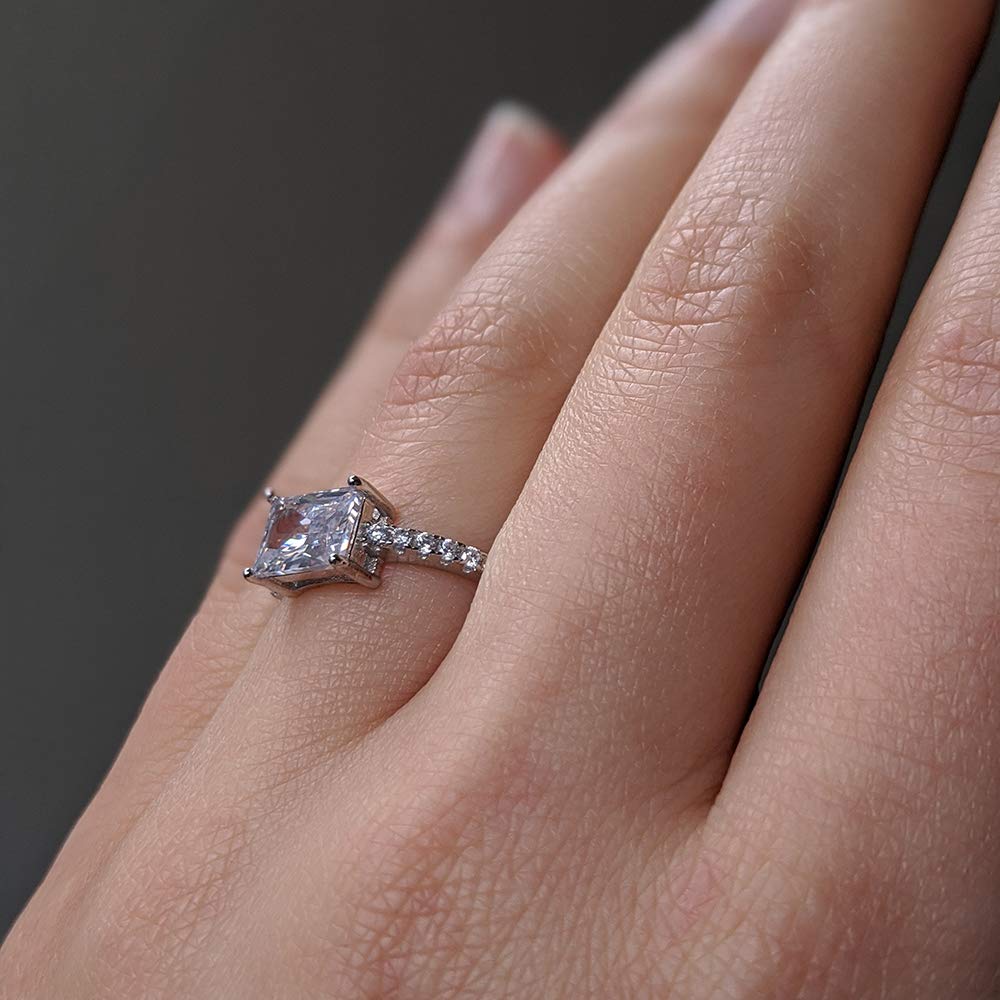 TwoBirch East West Baguette Cut Prong Set Engagement Ring in 18k White Gold Plated Sterling Silver and Cubic Zirconia (Size 8)
