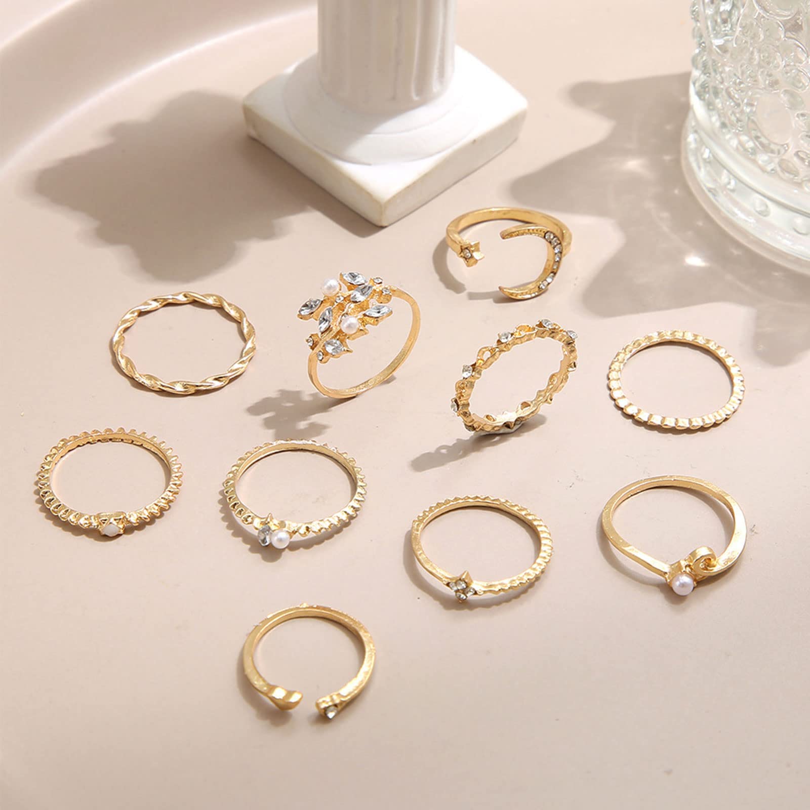 YRlilicc 10Pcs Bohemian Knuckle Stacking Rings for Women Multiple Stackable Rhinestone Pearl Flowers Joint Finger Rings Dainty Stack Gold Midi Rings Set