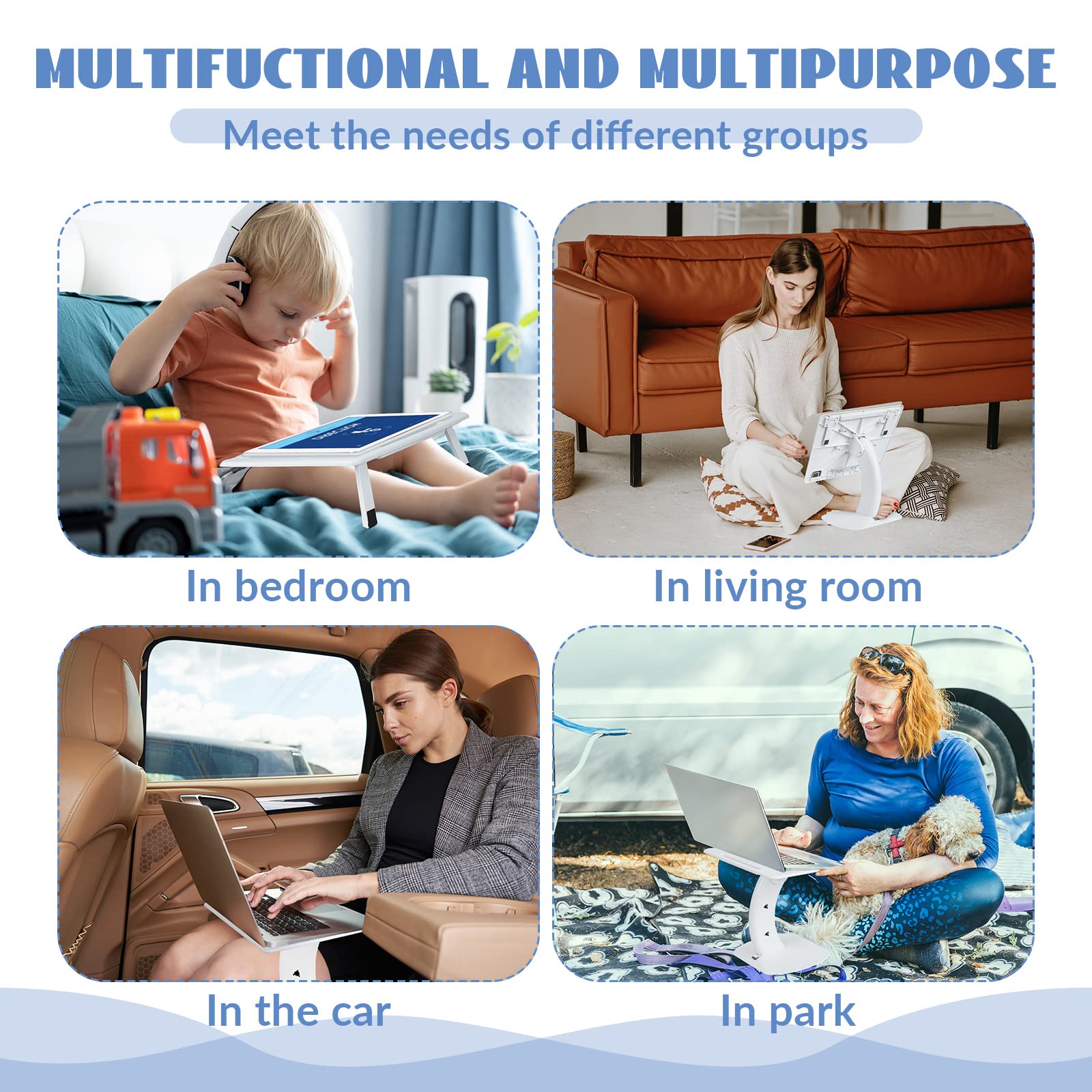 Thyle 2 Pcs Portable Lap Desk Kids Adjustable Laptop Stand Book Holder Floor Desk Folding Lap Table White Writing Stand with Clip for Car Couch Sofa Bed Reading Working Teen Adults