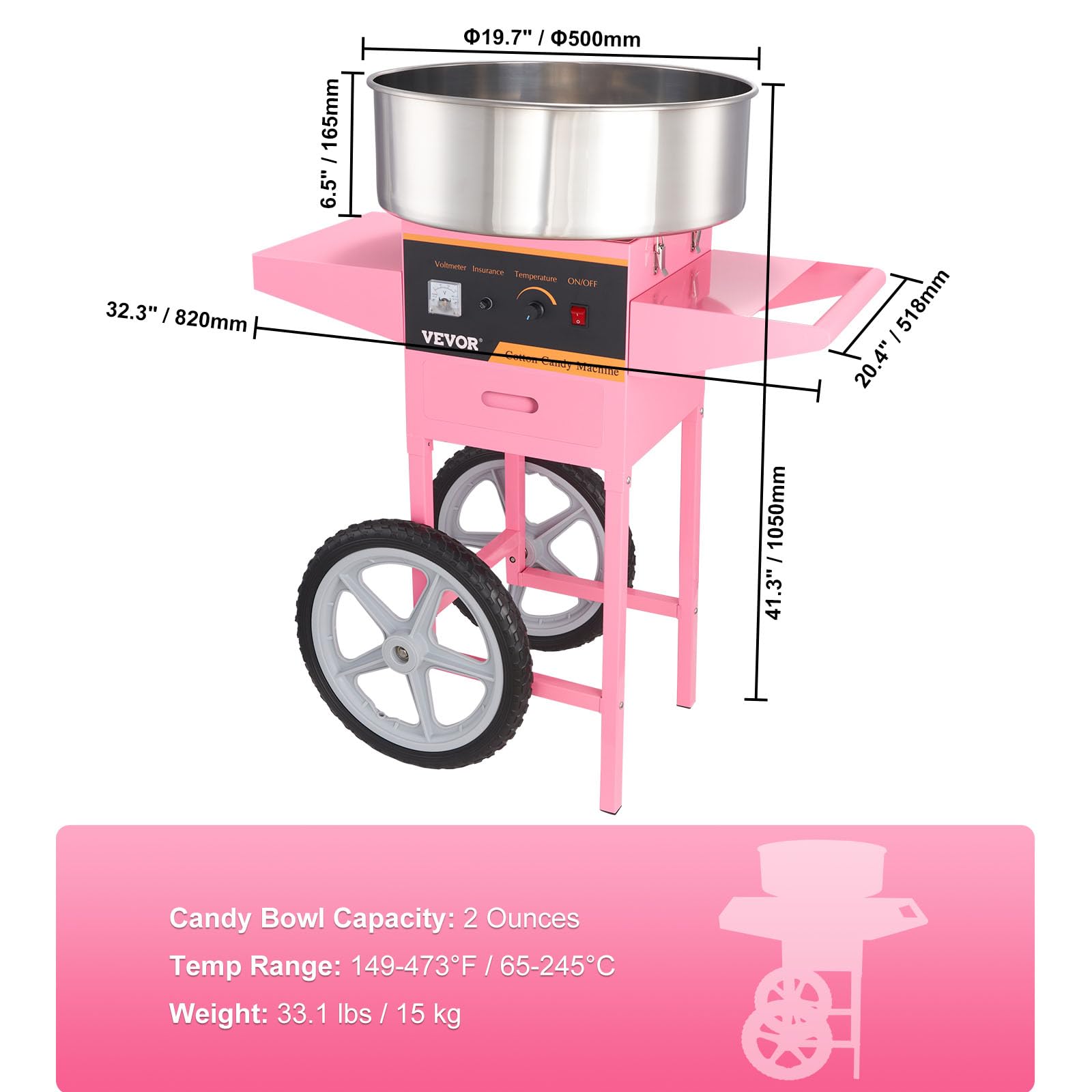 VBENLEM Commercial Cotton Candy Machine with Cart (New Version), Electric Floss Maker with Stainless Steel Bowl, Sugar Scoop and Drawer, for Family and Various Party, Bright Pink
