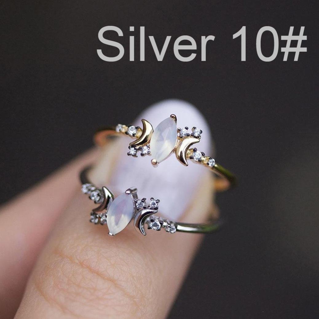 Wedding Band, Chic Women Moon White Opal Engagament Band Halo Designer Ring Size (Silver, 6)