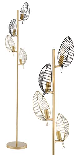 WOXXX Industrial Gold Floor Lamp with 4 Brush Black Finish Leaf Shade, Modern Tree Floor Lamps for Living Room Bedrooms Reading Standing Lamp Living Room Lamps Farmhouse Tall Lamp (4 Bulbs Included)