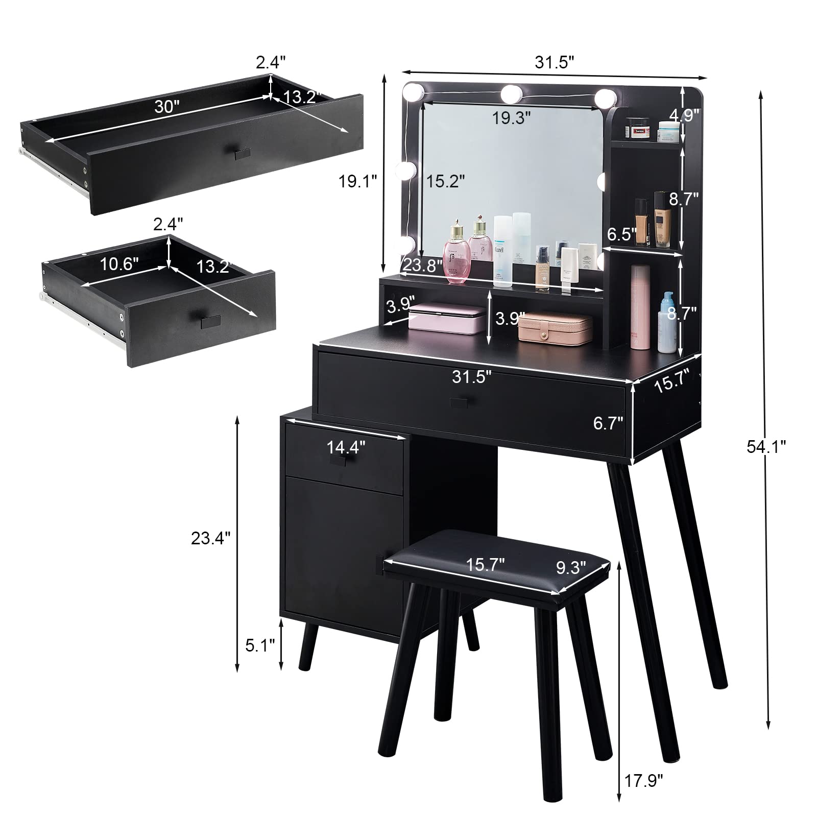 TUKAILAi Vanity Desk Set with LED Lighted Mirror & Cushioned Stool, Makeup Dresser Dressing Table with 5 Open Storage Shelves, 1 Drawer & Movable Chest, Gift for Women Girl Bedroom Studio (Black)