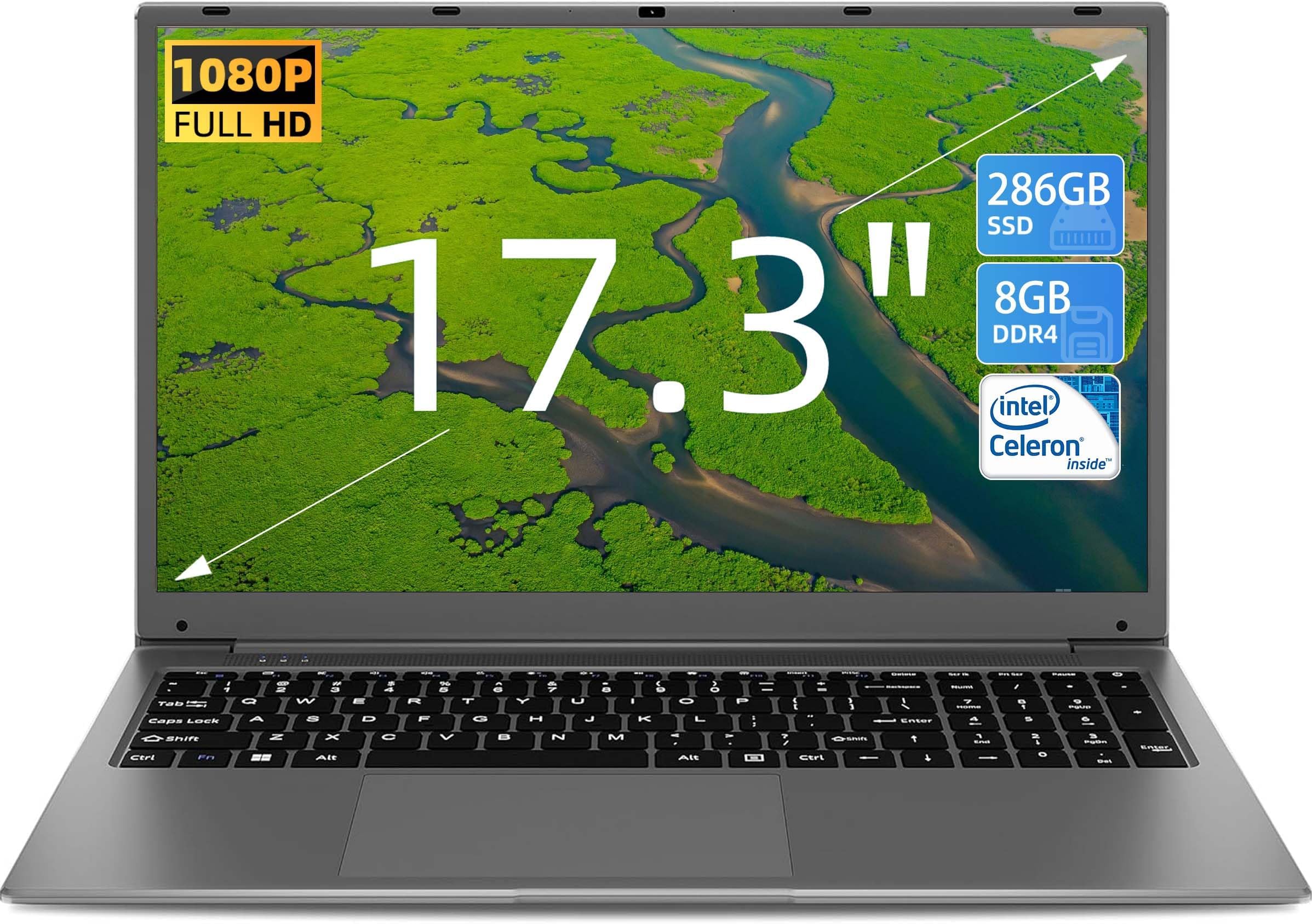 SGIN 17" Laptop 8GB RAM 256GB SSD, IPS Full HD Display, Intel Celeron Quad Core J4105(Up to 2.5 GHz), Mini HDMI, Webcam, Wi-Fi, Expandable Storage 512GB (Gray)