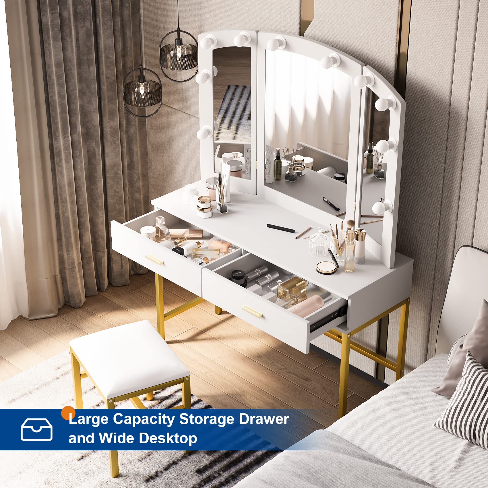 Semiocthome White Vanity Mirror with Lights and Table Set with 2 Drawers, 10 LED Lights Makeup Vanity Desk with Stool, Make Up Vanity Mirror lit with Gold Frame Dressing Table and Chair Upgrade-White