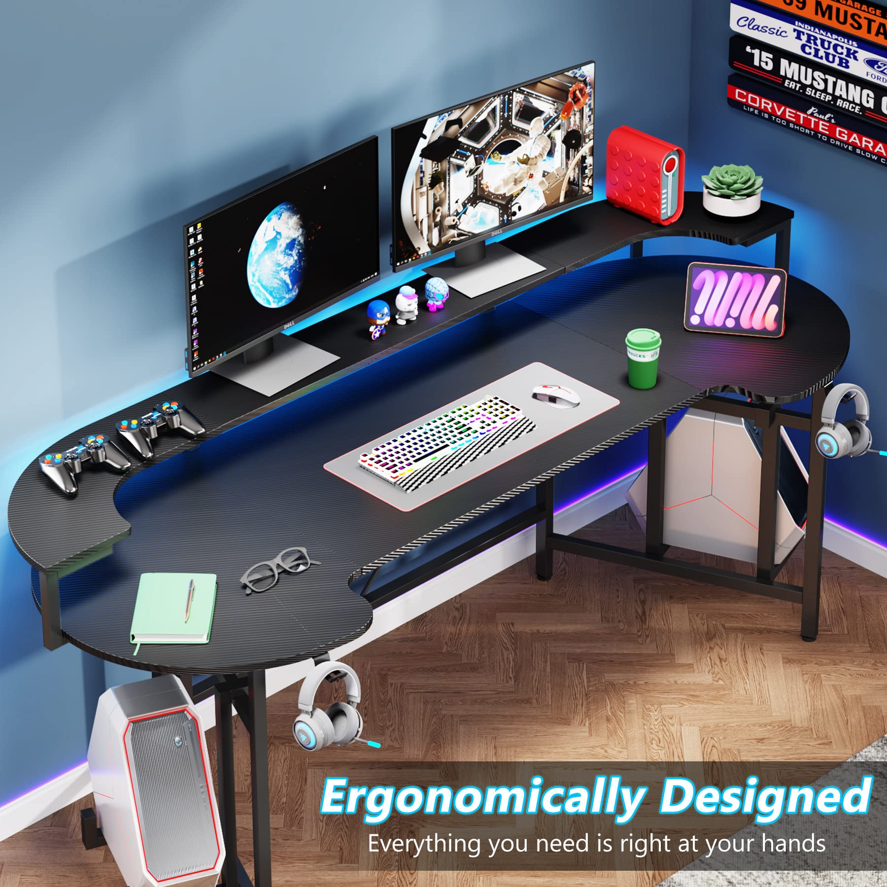 Tribesigns 75 Inch Gaming Desk with Monitor Shelf, Large PC Computer Desk with LED Lights, Gaming Table Gamer Desk for Bedroom, Home Office, Black