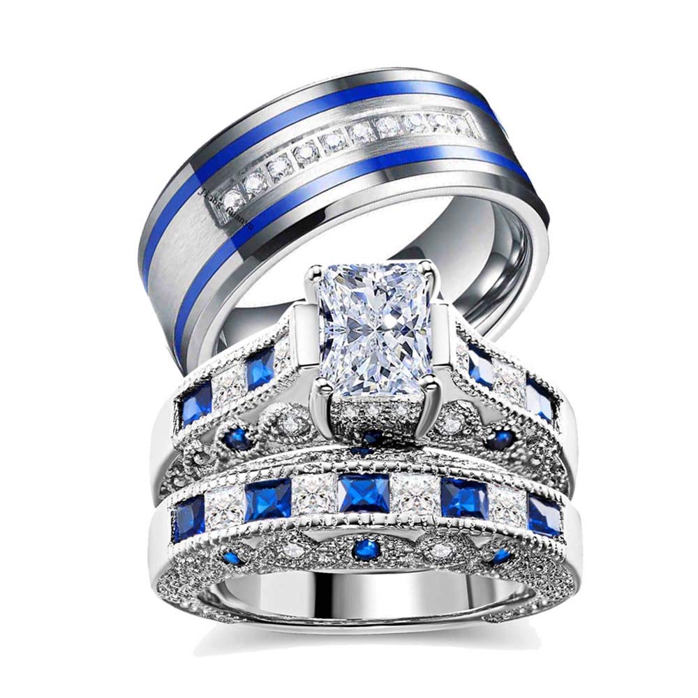 wedding ring set Two Rings His Hers Couples Matching Rings Women's 2pc White Gold Filled CZ Wedding Engagement Ring Bridal Sets Men's Stainless Steel Wedding Band