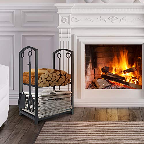 WBHome Firewood Rack with 4 Tools - Iron Fire Log Holder Storage Set Includes Brush, Shovel, Poker, and Tongs, 17 x 29 x 12 inches, for Indoor/Outdoor