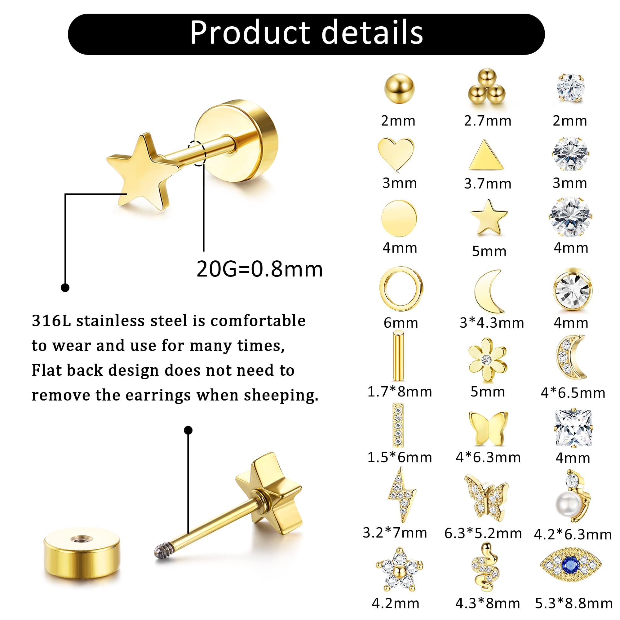 Thunaraz 24Pcs Surgical Steel Stud Earrings for Women Men 20G Tiny Cartilage Earrings Stud Small Snake Moon Star Butterfly Flower Hypoallergenic Screwback Flat Back Stud Earrings Piercing Jewelry