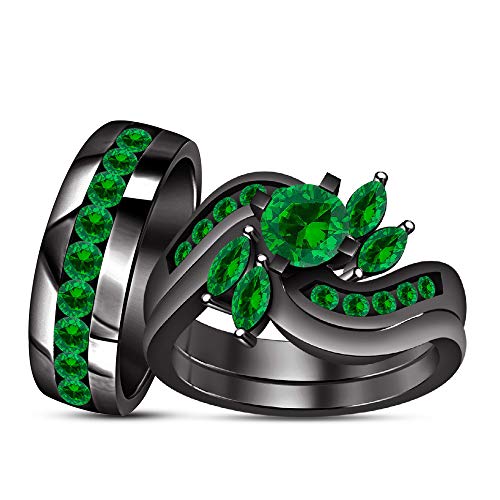 Unique Trio Ring Set for Bride & Groom Round & Pear Cut Grren Emerald Wedding Bridal Rinf Set 14K Black Gold Over Sterling Sliver For Womens & Men