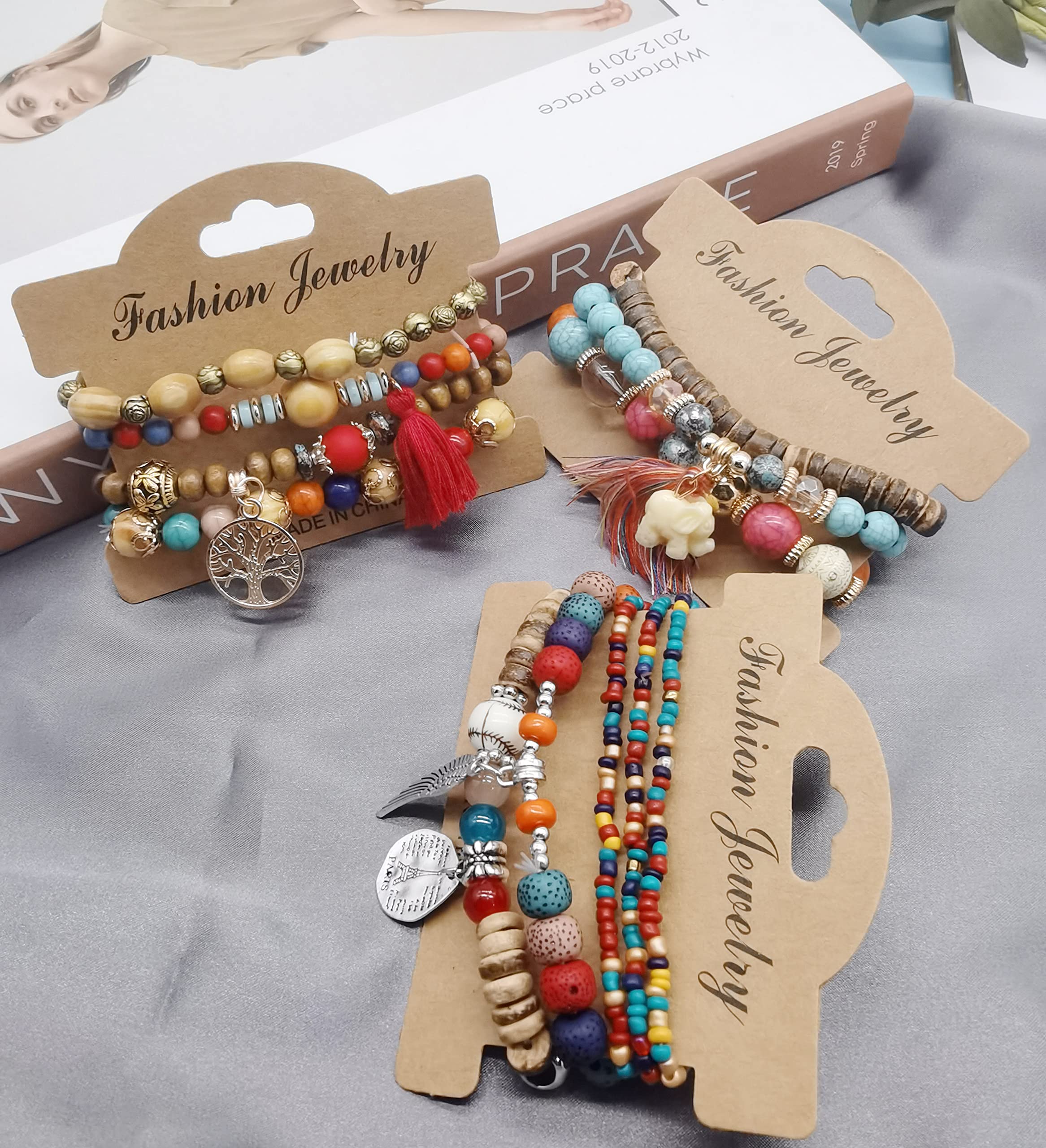 WAINIS 9 Pack Bohemian Stackable Bead Bracelets for Women Elephant Tree of Life Wings Boho Stretch Multilayered Bracelet Set Multicolor Jewelry Bulk