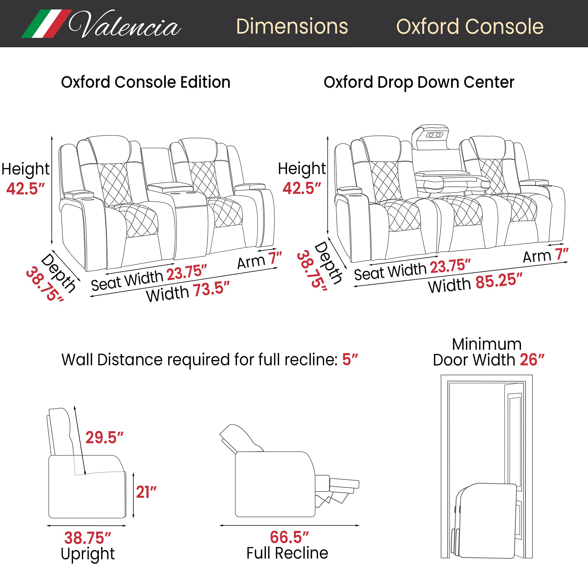 Valencia Oxford Home Theater Seating | 11000 Top Grain Black Leather, Power Recliner, with Drop Down Center Console (Row of 3)