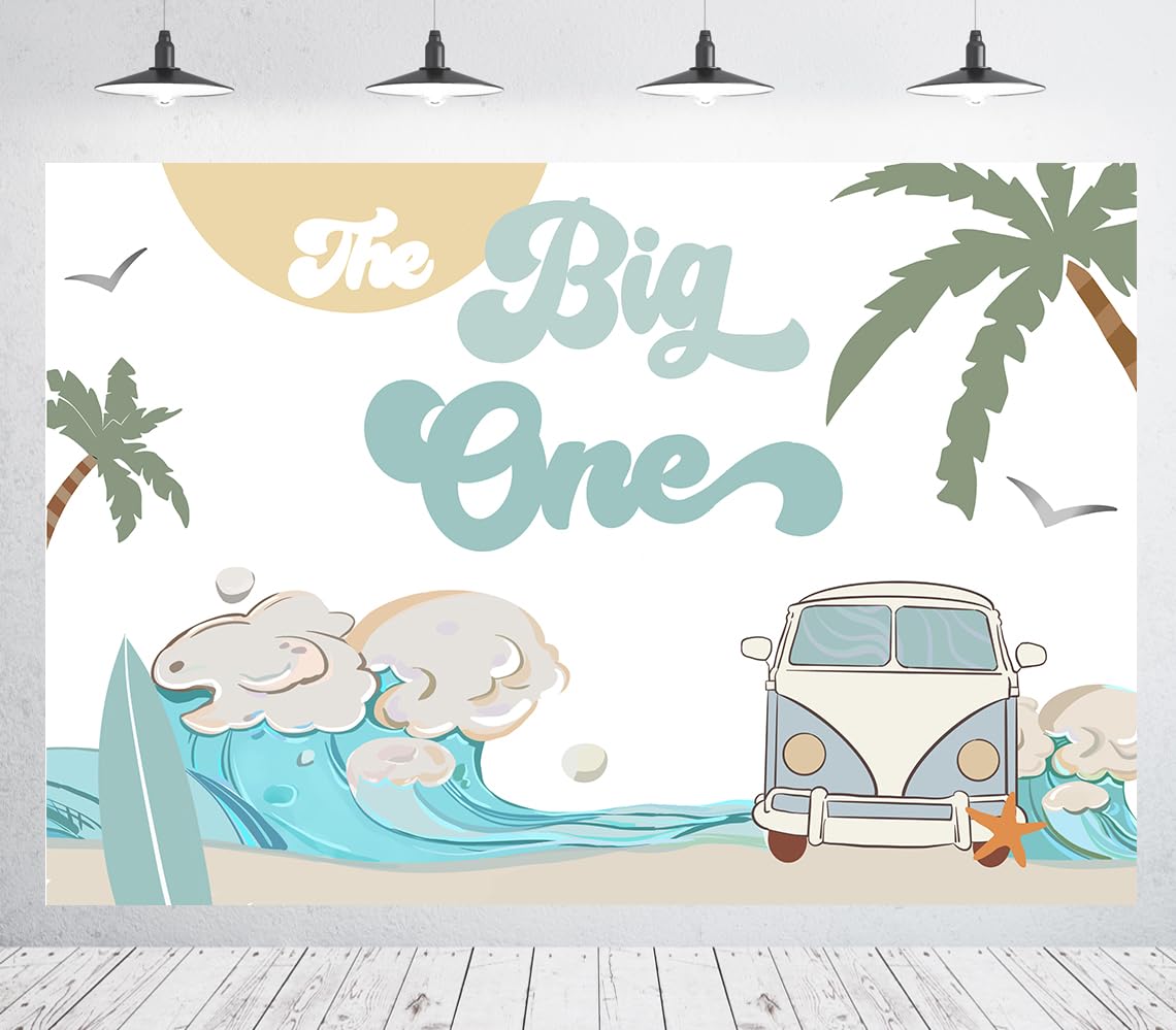 The Big One Surfing 1st Birthday Backdrop for Boys Retro Surf Van Surfboard Beach Party photography Background Boy One Birthday Party Decorations Cake Table Banner 5x3ft
