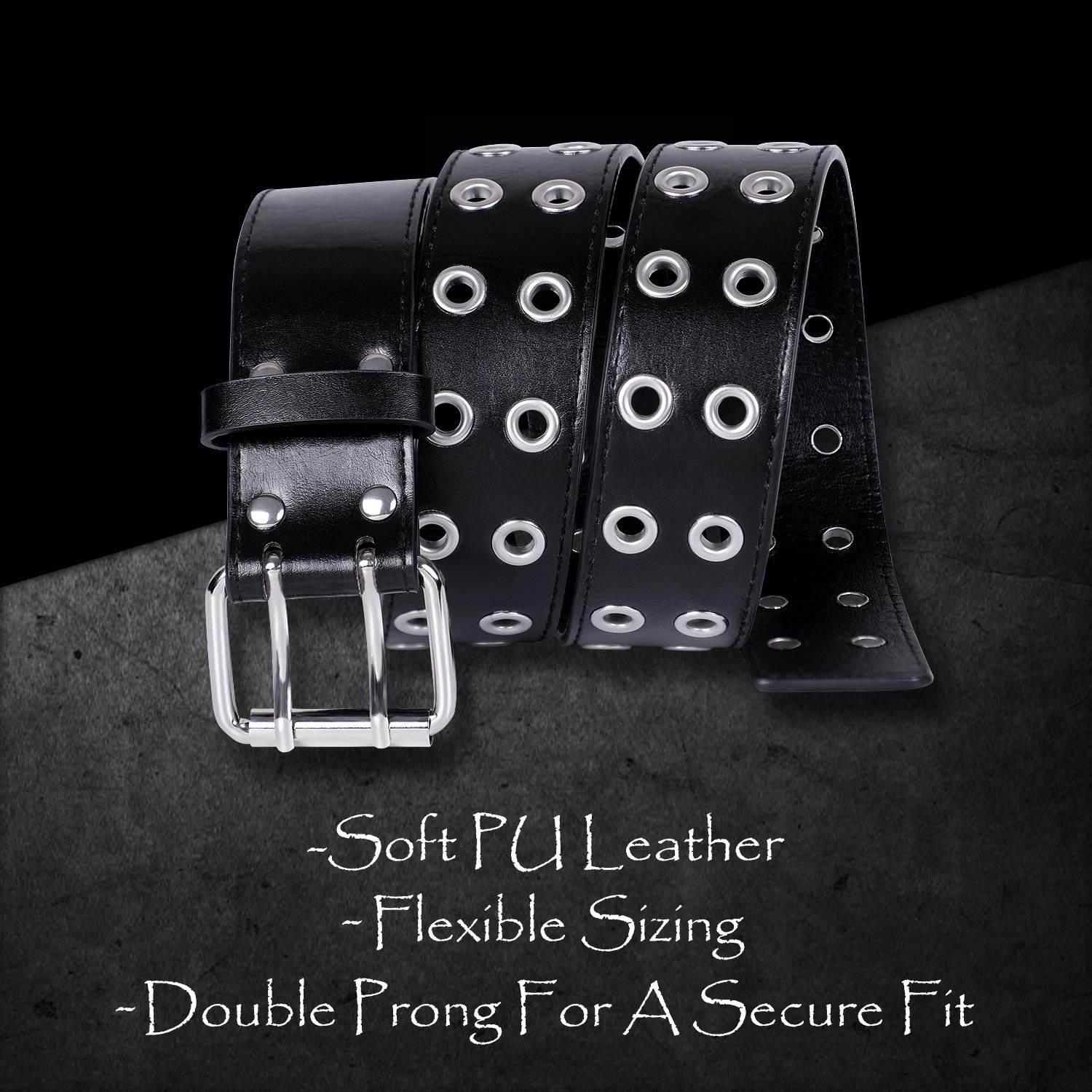 WHIPPY Double Grommet Belt for Women Men PU Leather Double Prong Buckle Vintage Punk Rock Jeans Belts (Black, L)