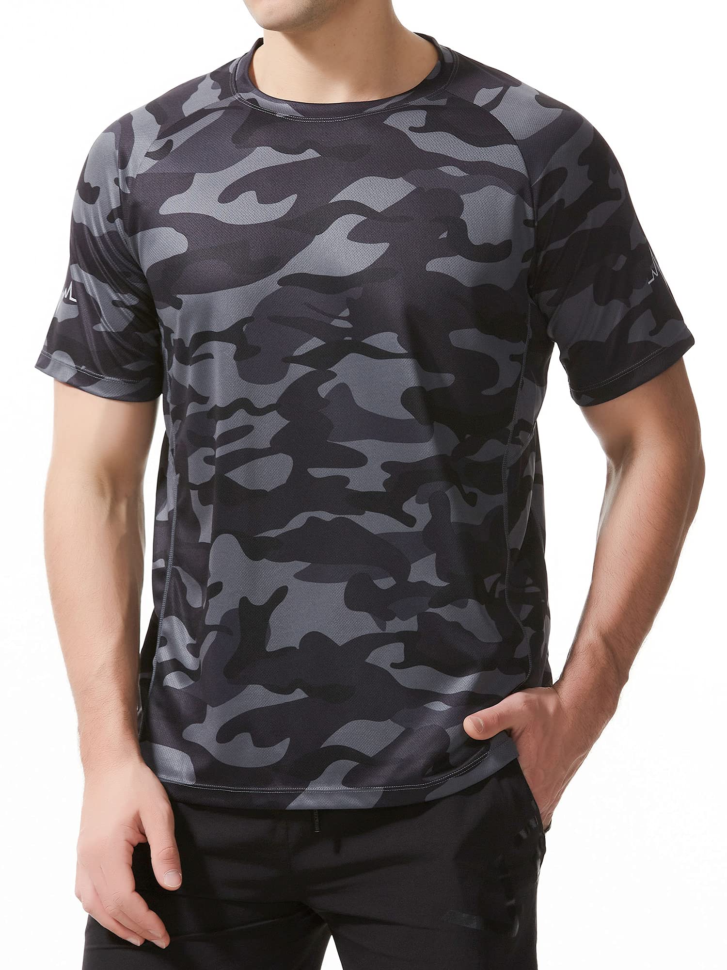 WanNiu Men's 3 Pack Workout Shirt Dry Fit Athletic Gym Short Sleeve Mesh Moisture Wicking, Blackgrey Camo Black, Medium