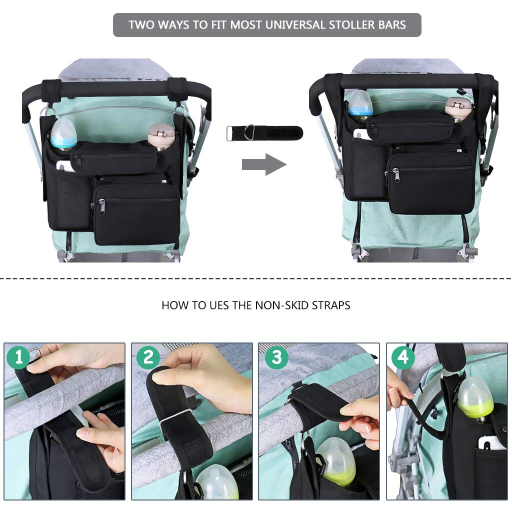 VIMUKUN Stroller Organizer Non-Slip Stroller Cup Holder Baby Travel Accessories - Stroller Accessory for Smart Parents with Shoulder Strap, Compatible with Uppababy, BOB, Baby Jogger (Black)