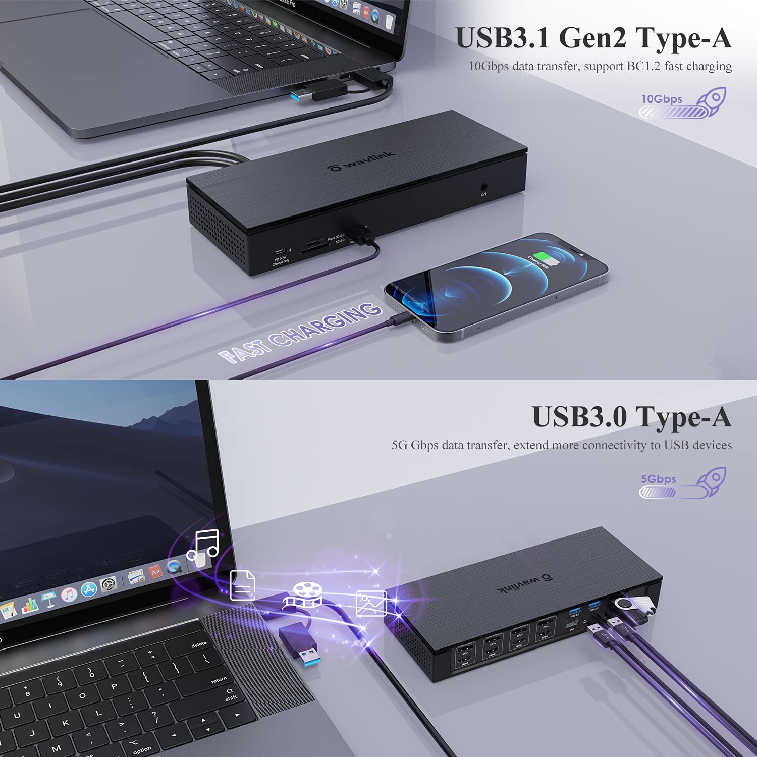 WAVLINK Enterprise-Level Universal Docking Station,20-in-1 USB-C Quad 4K Dual 5K@60Hz Display Dock with 100W Charging,4xDisplayPort(1.2),4xHDMI(2.0),2.5G Ethernet,USB 3.1/3.0-A,USB-C(PD30W)