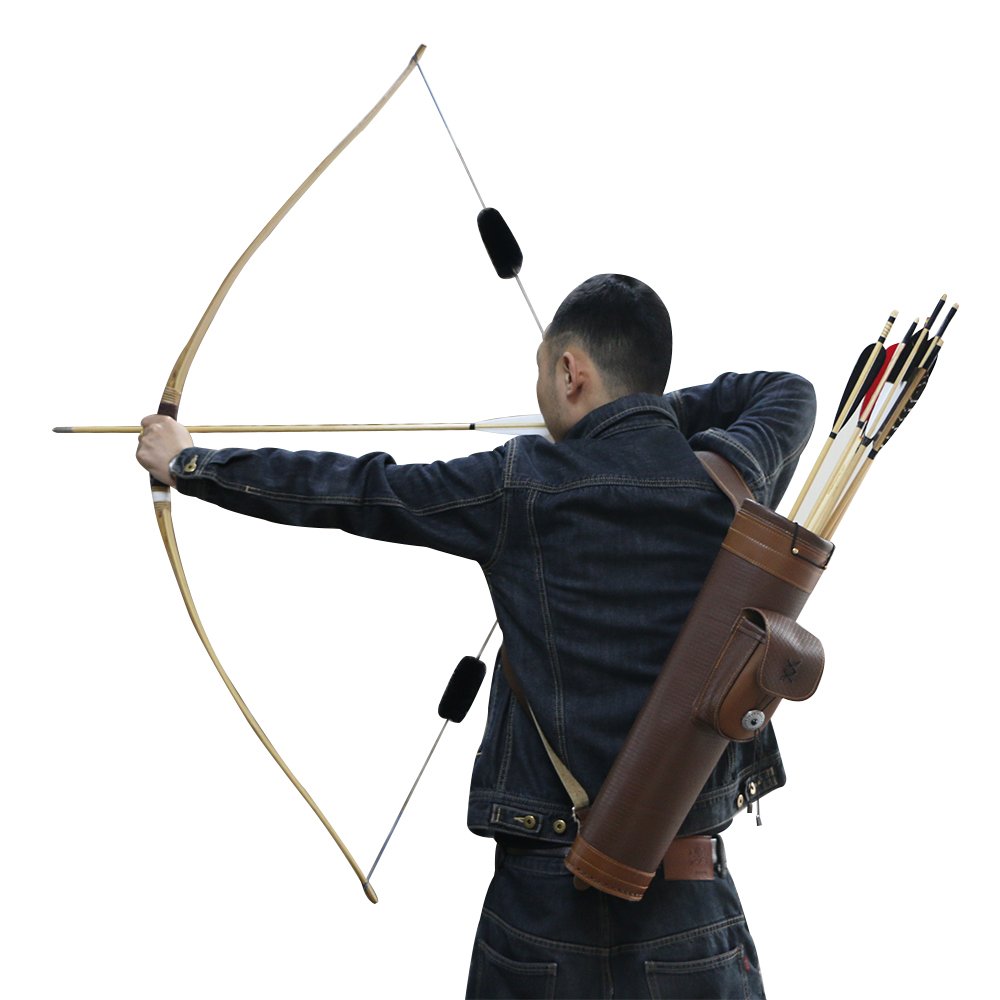 TOPARCHERY Traditional Shoulder Back Quiver Bow Leather Arrow Holder with Large Pouch Handmade Straps Belt Bag Brown