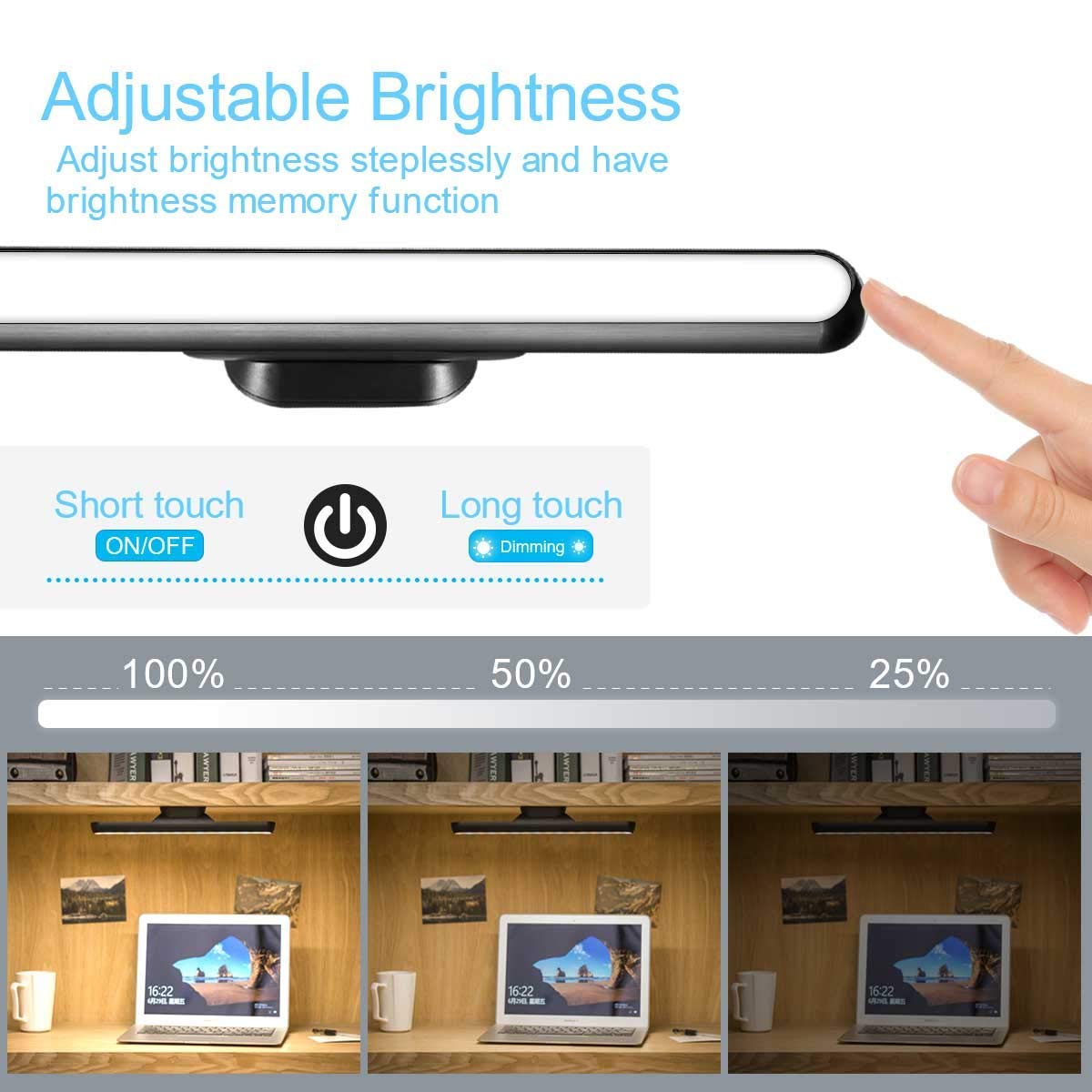 WILLED Rechargeable Light Bar, 3W Touch Light Built-in 2000mAh Battery and Stick Magnet Mount, for Reading, Closet, Cabinet, Makeup Mirror, Bedside, Study Light