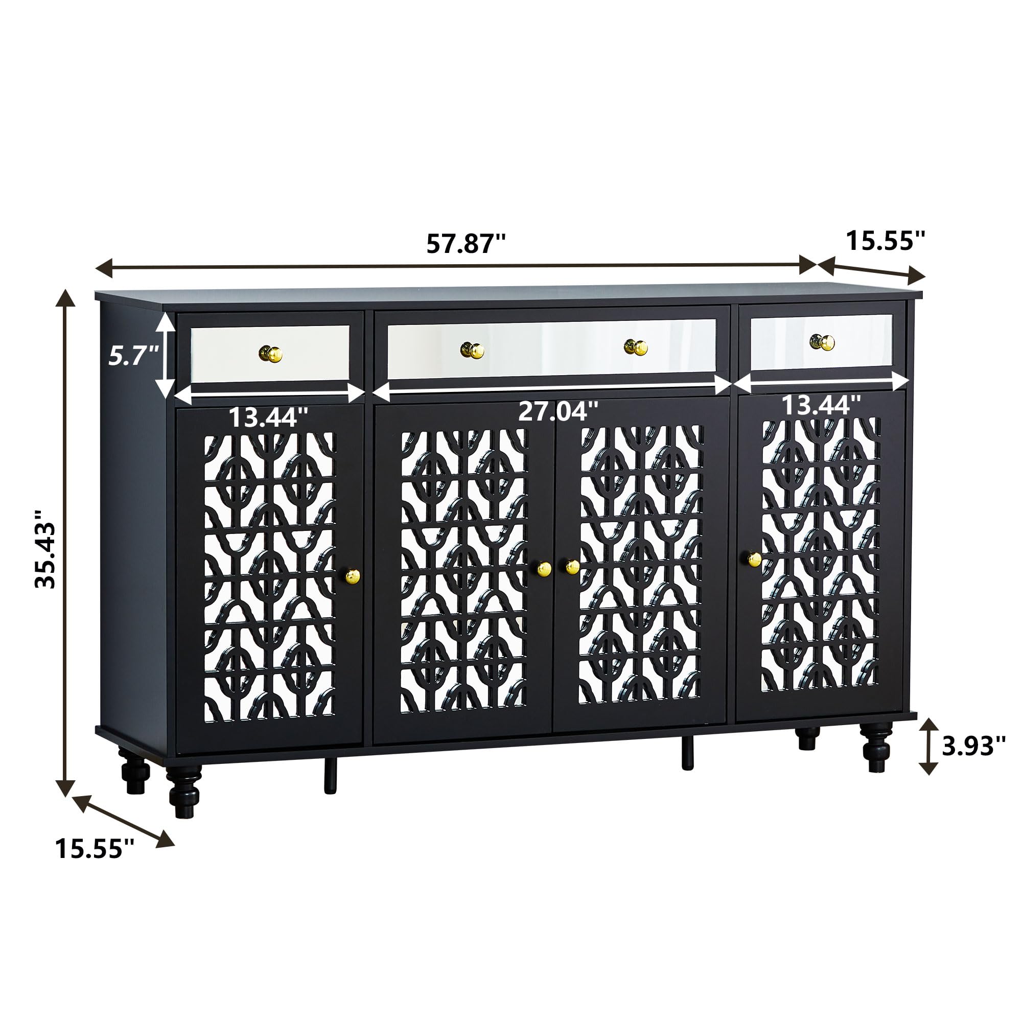 weselon Accent Buffet Sideboard with 4 Mirror Doors, Luxury 3 Drawer Storage Cabinet with Adjustable Shelves, Accent Buffet Cabinet for Living Room