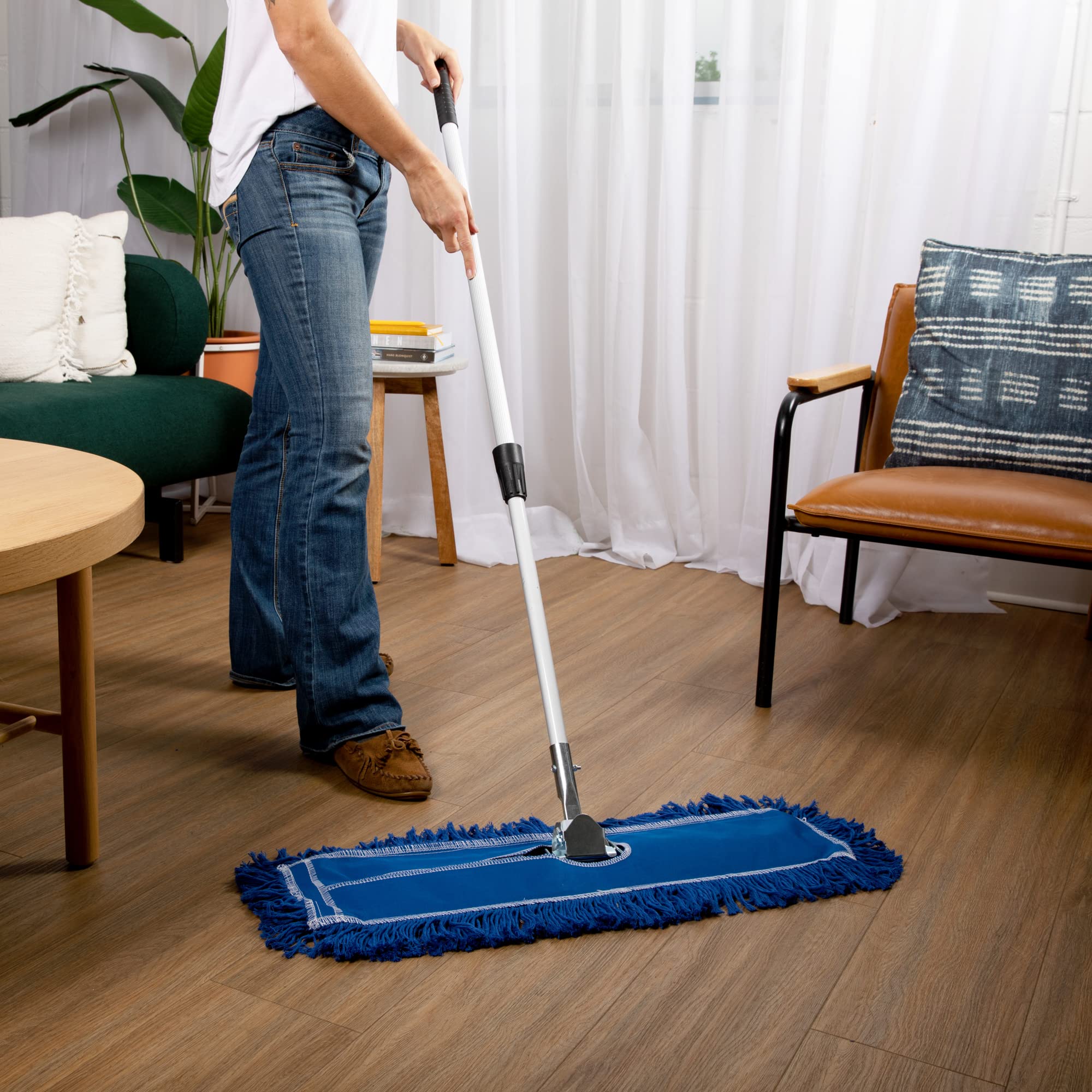 Tidy Tools Commercial Dust Mop & Floor Sweeper, 60 in. Dust Mop for Hardwood Floors, Cotton Reusable Dust Mop Head, Extendable Handle, Industrial Dry Mop for Floor Cleaning & Janitorial Supplies, Blue