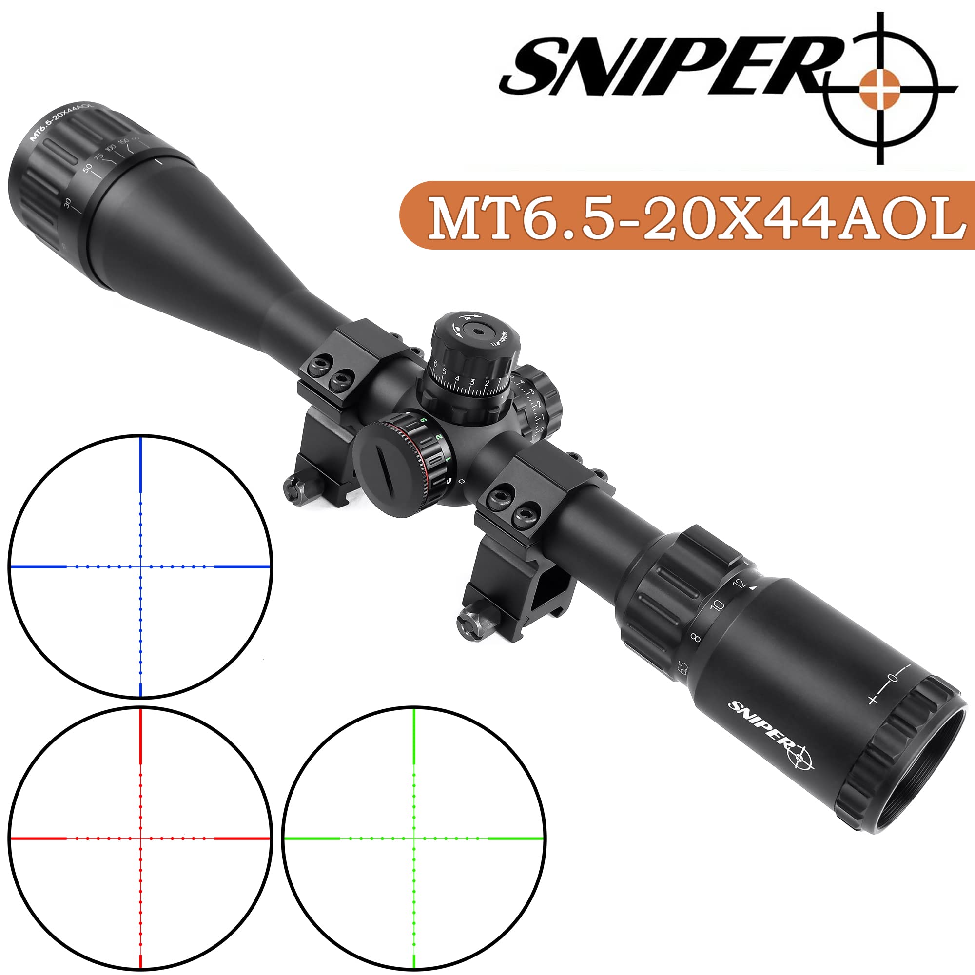 Sniper MT6.5-20x44AOL Rifle Scope w/Lock Zero, Adjustable Objective. Red/Green Illumination Mil-dot Reticle. Comes with Extended Sunshade and Heavy Duty Ring Mount and Lens Cover