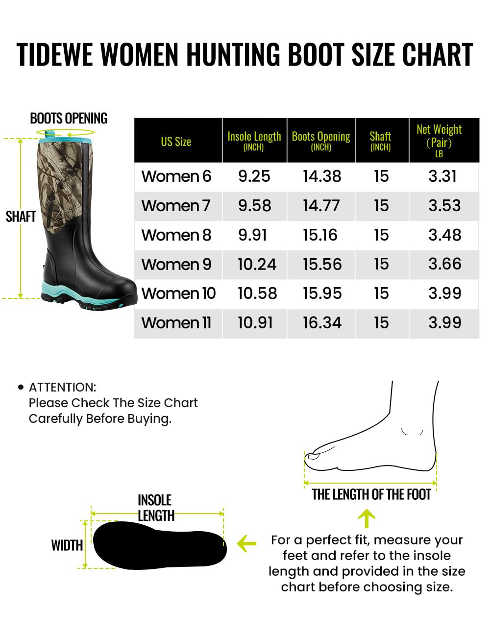TIDEWE Hunting Boot for Women, Insulated Waterproof Durable Women's Hunting Boot, 6mm Neoprene and Rubber Outdoor Boot(Green Size 8)