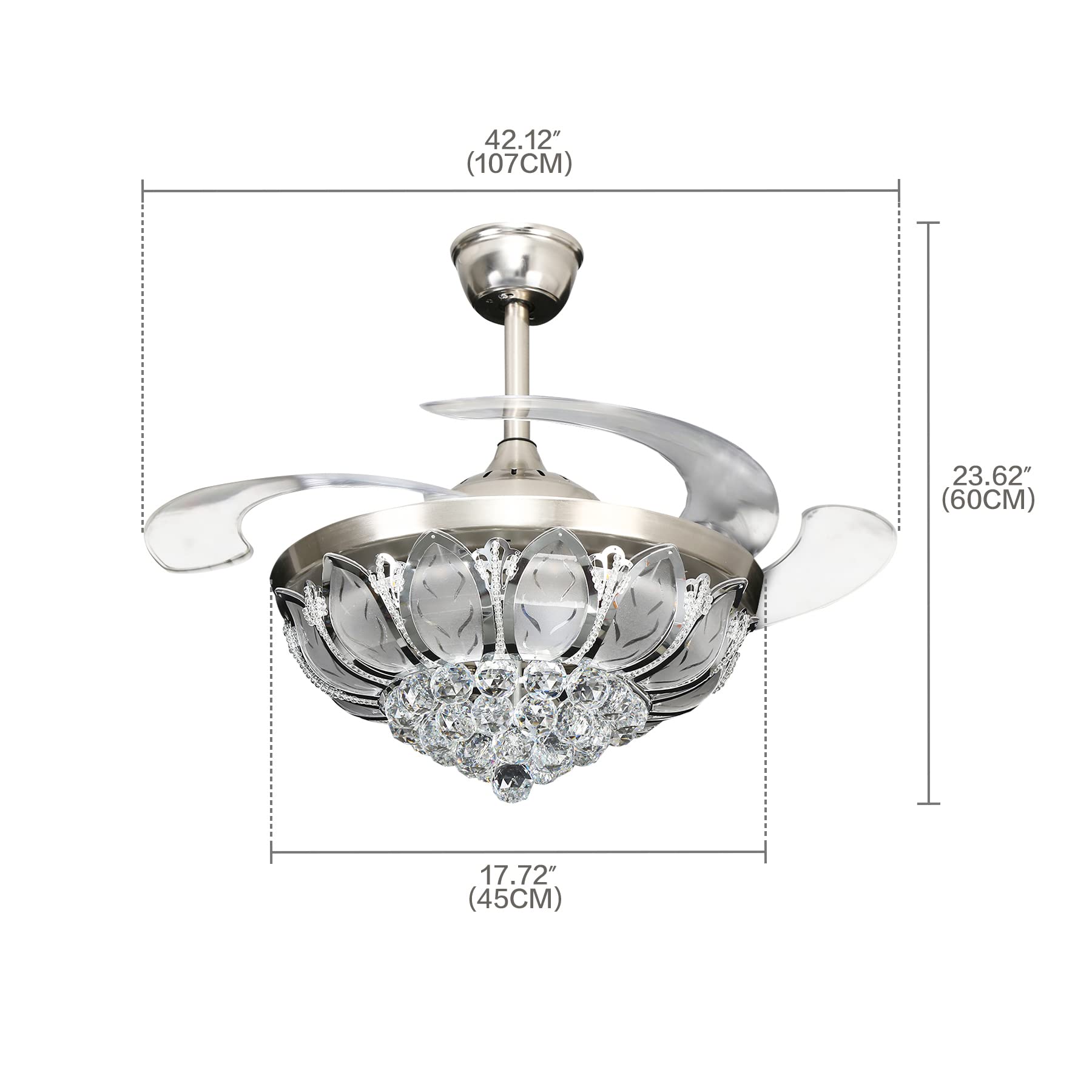 Ridgeyard 42" Crystal Ceiling Lamp Fan Light 3 Light Color LED Fan Chandelier Decorative Pendant Light with 4 Invisible Retractable Blades and Remote Control（Silver