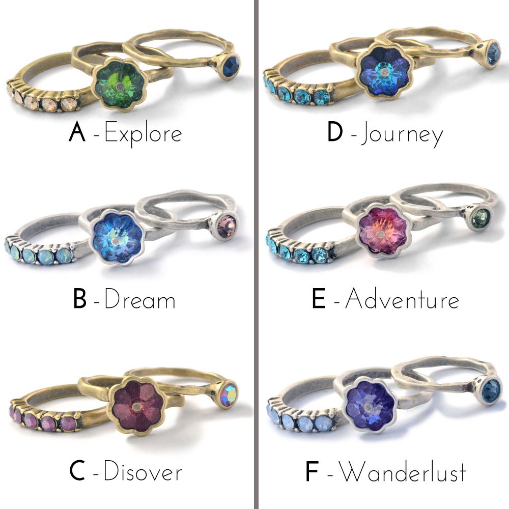 Sweet Romance Vintage Flower Swarovski Crystal Inspirational Wanderlust Boho Stack Rings - Set of 3 Stacking Rings (E - Adventure - Size 7)