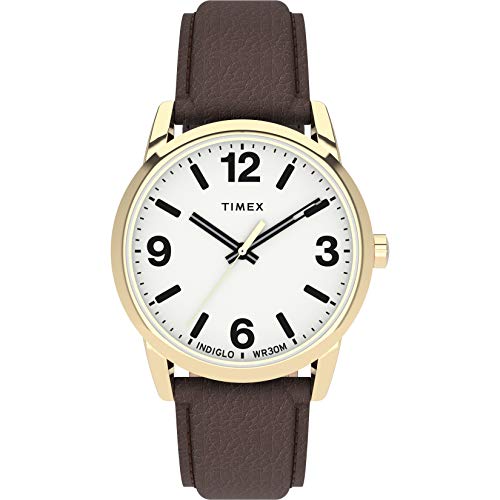 Timex Men's Easy Reader Bold 38mm Watch â Gold-Tone Case White Dial with Brown Leather Strap