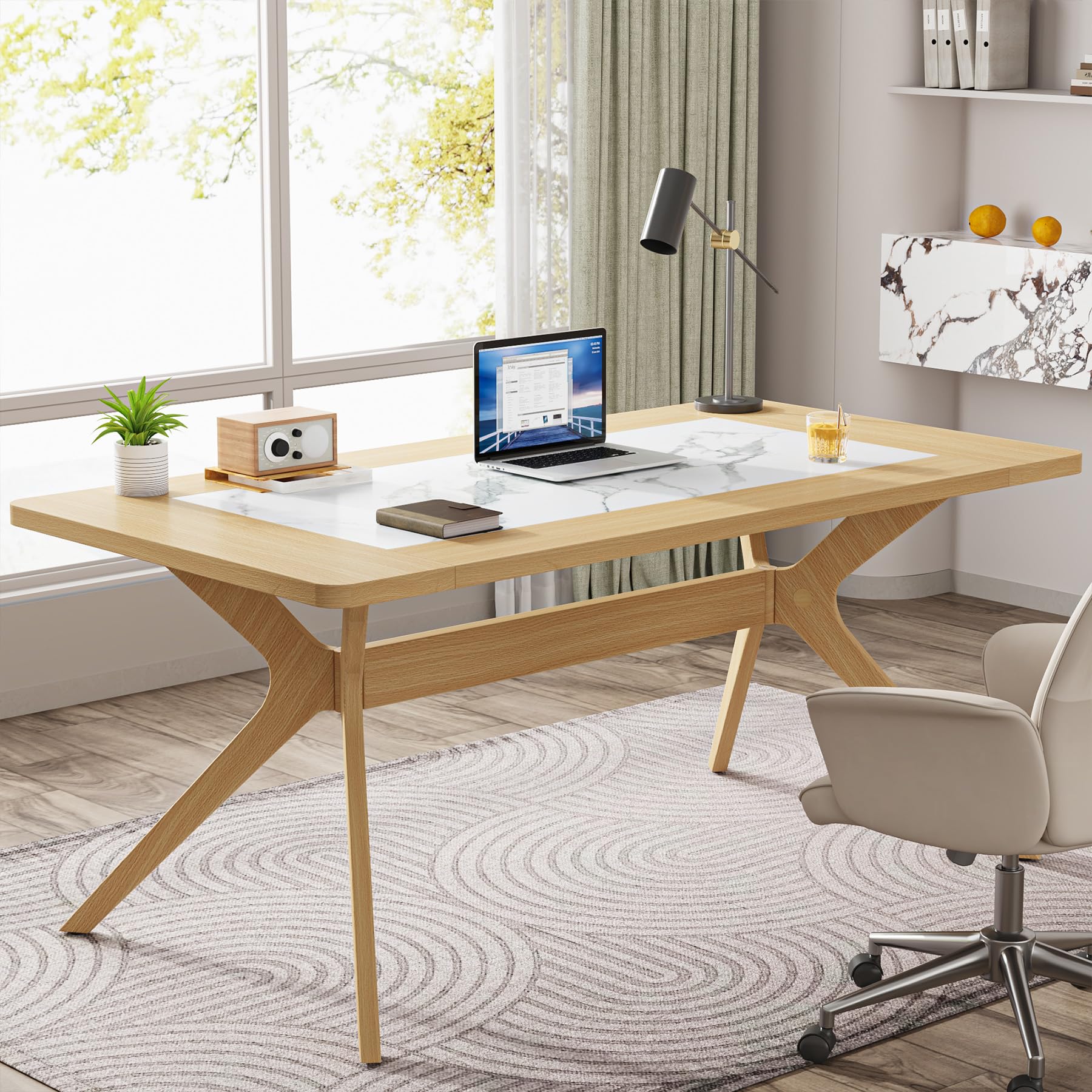 Tribesigns 63-Inch Executive Desk, Modern Office Desk with Solid Wood X-Shape Frame, Large Computer Desk Writing Table Business Furniture for Home Office (Oak and White Marble)