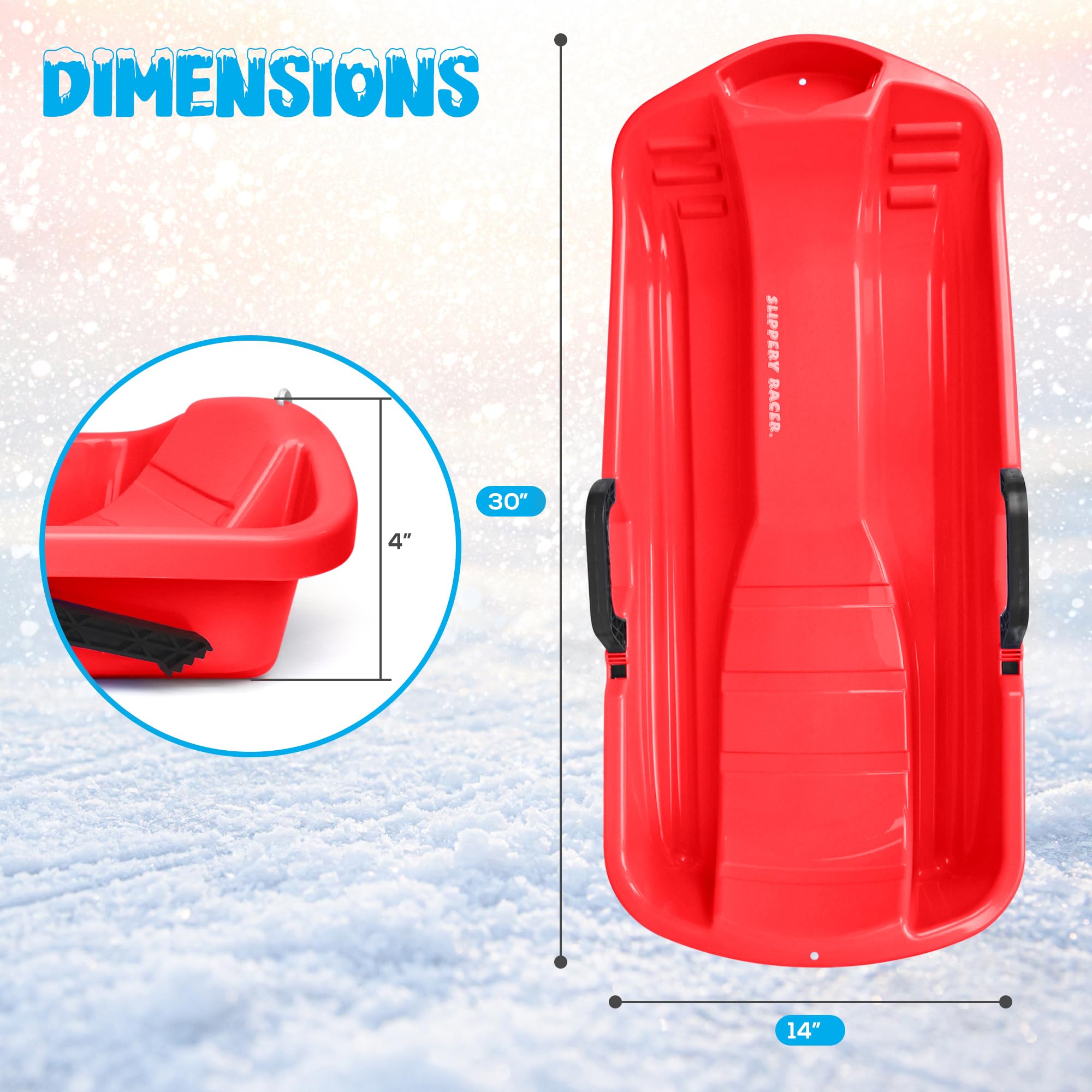Slippery Racer Downhill Thunder Flexible Plastic Toboggan Snow Sled with Built in Brake System, Pull Rope, and Handle Grips, Red