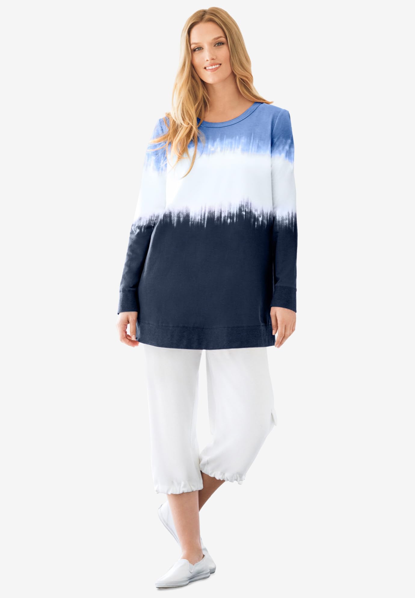 Woman Within Women's Plus Size Tie-Dyed Knit Sweatshirt Tunic - 34/36, Classic Pine Ikat Tie Dye Green