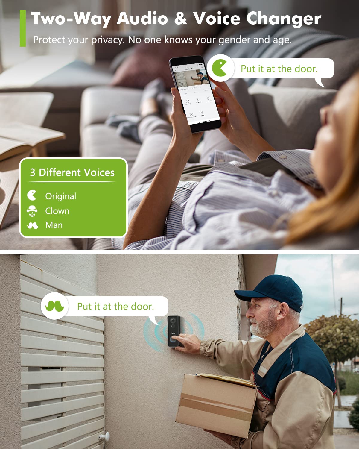 TieJus Doorbell Camera Wireless with Chime, Video Doorbell, 2 Way Audio, Voice Changer, Voice Message, PIR Motion Detection, Night Vision, SD & Cloud Storage, IP66 Waterproof, 2.4G WiFi