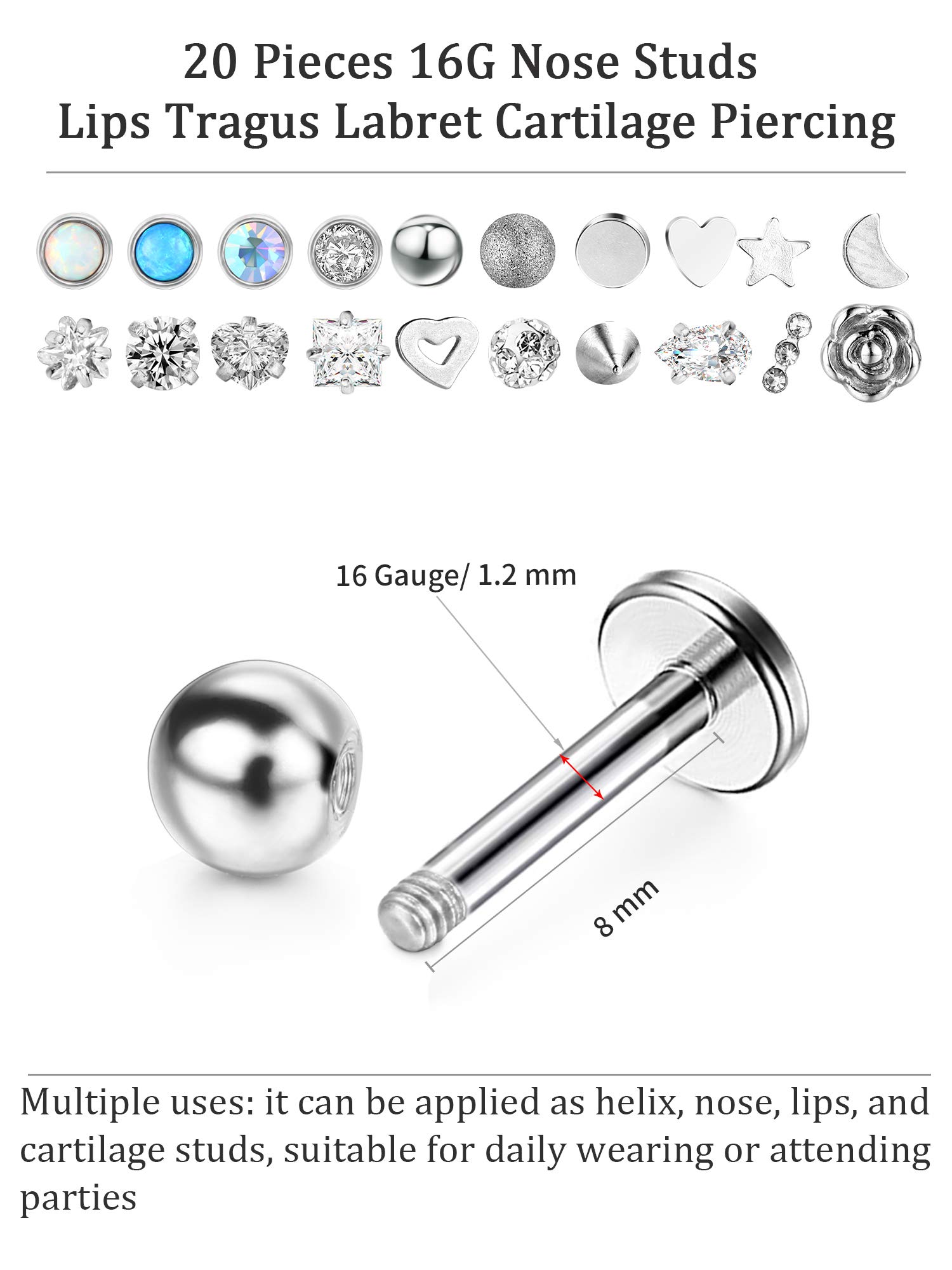 Sumind 20 Pieces 16g Tragus Piercing Jewelry Body Nose Piercing Labret Bars Crystal Style Ball for Women Men,20 Styles(Silver, AB Color, 8 mm)