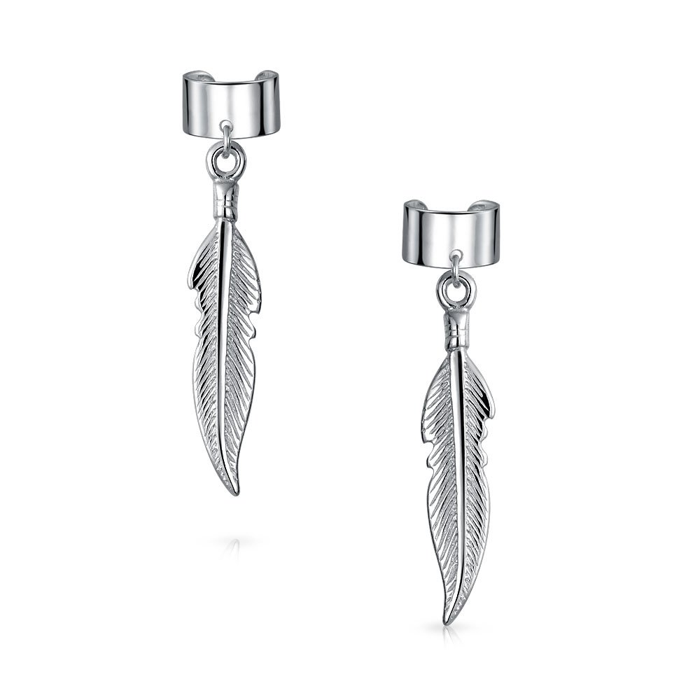 Western Jewelry Native American Feather Leaf Dangling Cartilage Ear Lobe Helix Earrings Warp Chain Ear Cuff Earrings For Women .925 Sterling Silver