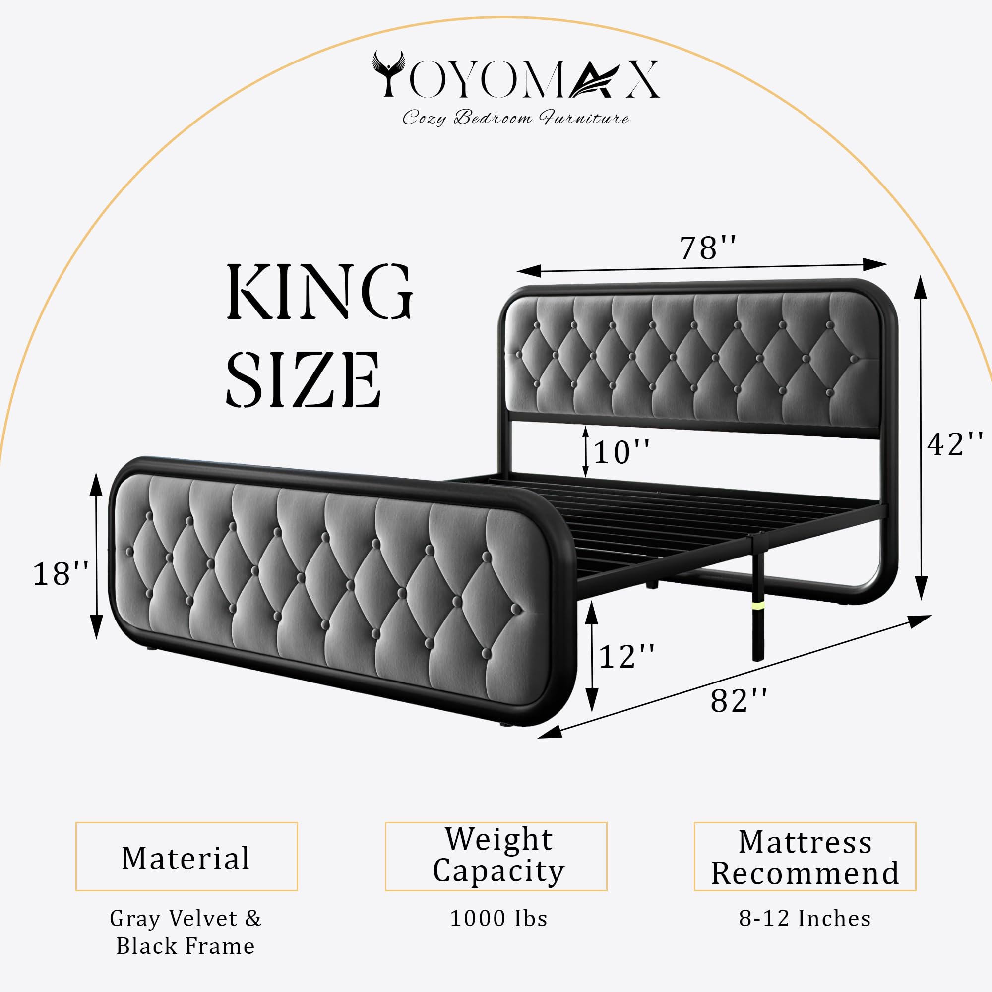 yoyomax King Size Bed Frame with Velvet Button Tufted Headboard, Heavy Duty Bed Frame Platform with Strong Metal Slats,12" Under-Bed Storage, Noise-Free & No Box Spring Need,Easy Assembly, Grey