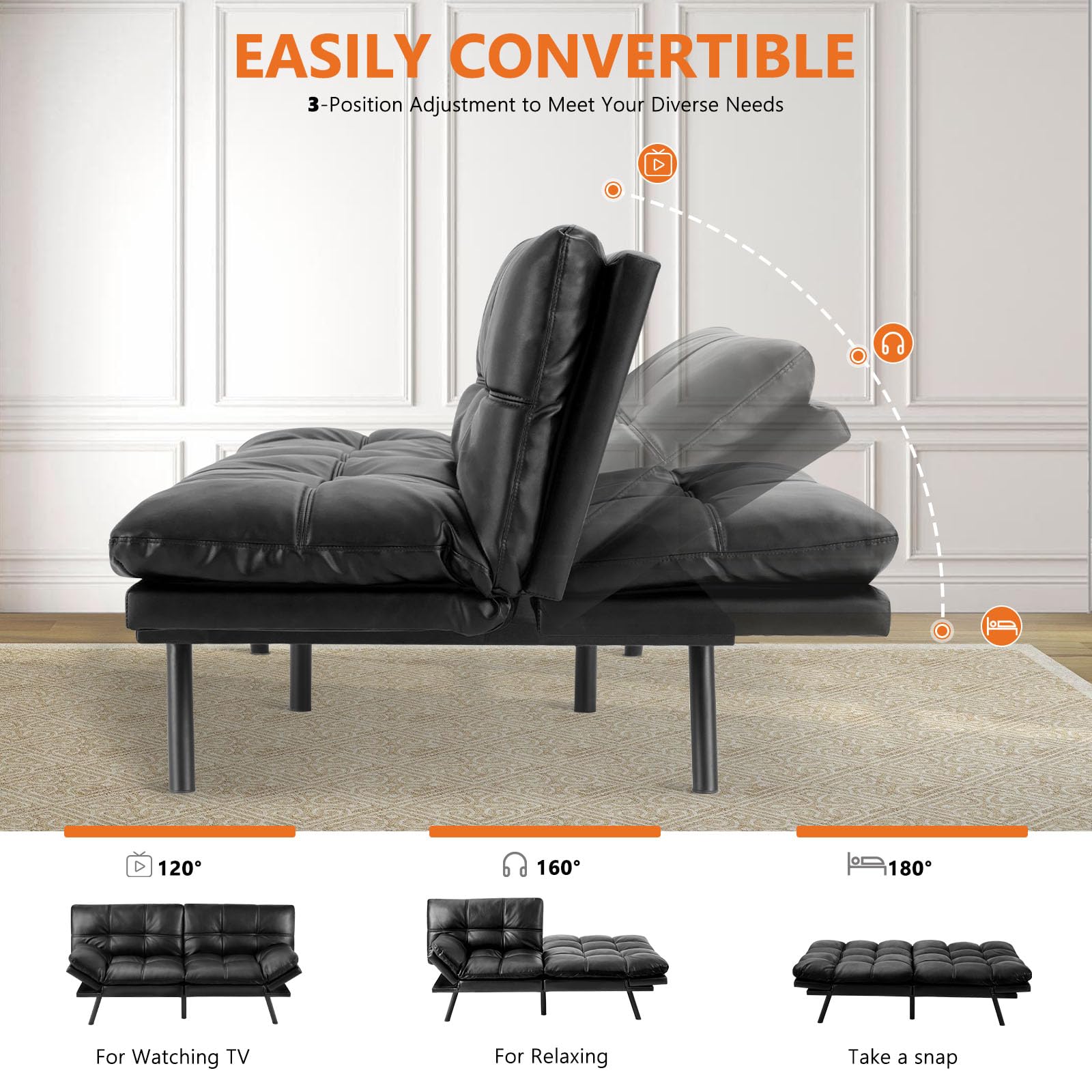 Sweetcrispy Futon Sofa Bed Sofá Cama para Sala Futon Couch Bed Sofas Sleeper, Modern Convertible Faux Leather Futon for Living Room, Small Loveseat for Apartment Office, Folding Adjustable Recliner