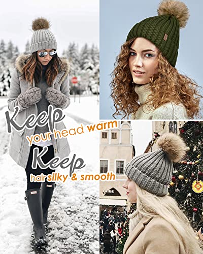 FURTALK Womens Beanie Satin Lined Knitted Beanie with Pom Winter Hats for Women (Grey)