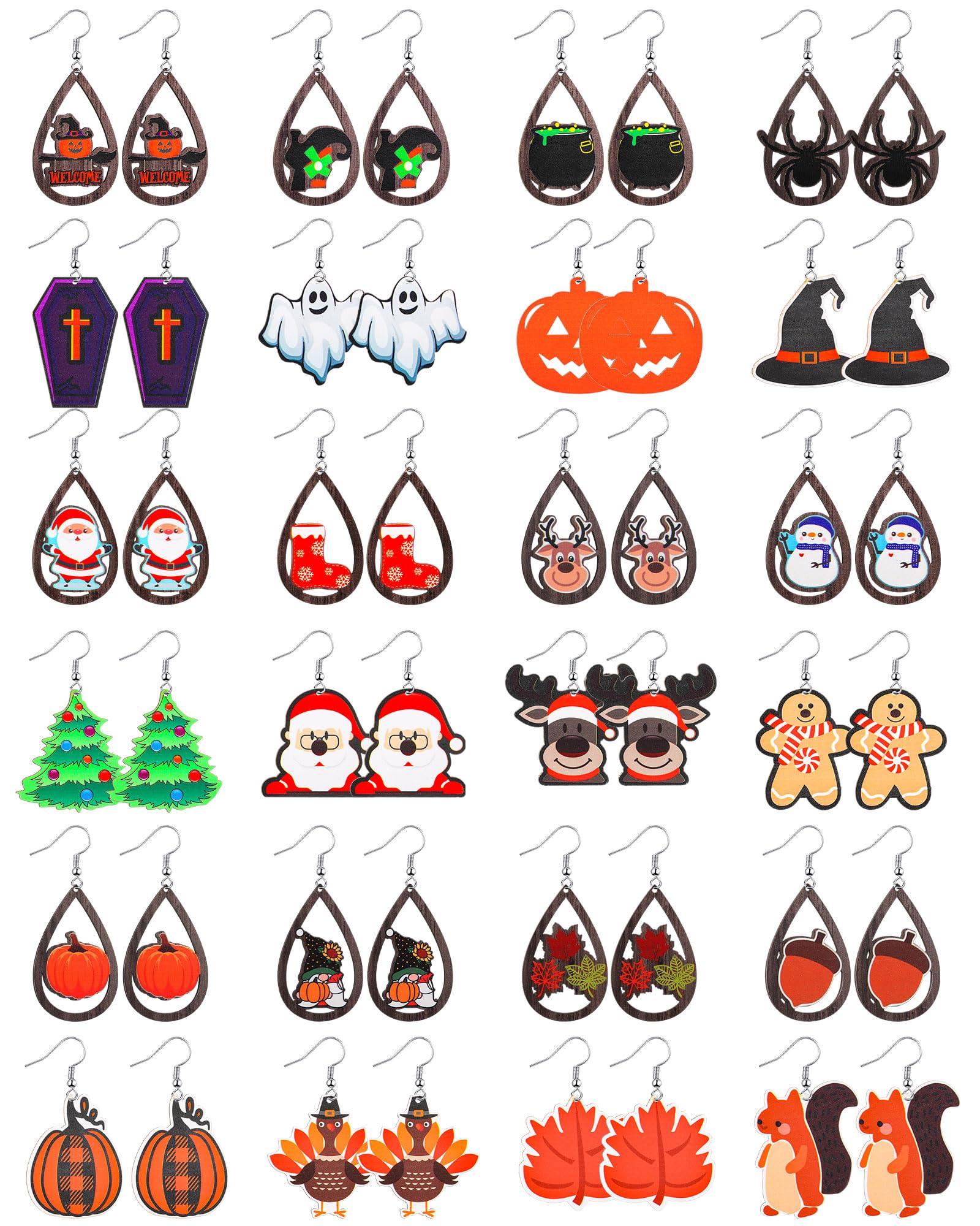 Tigeen 24 Pairs Festival Wood Cute Painted Holiday Wooden Teardrop Dangle for Gift(Pumpkin, Snowman)