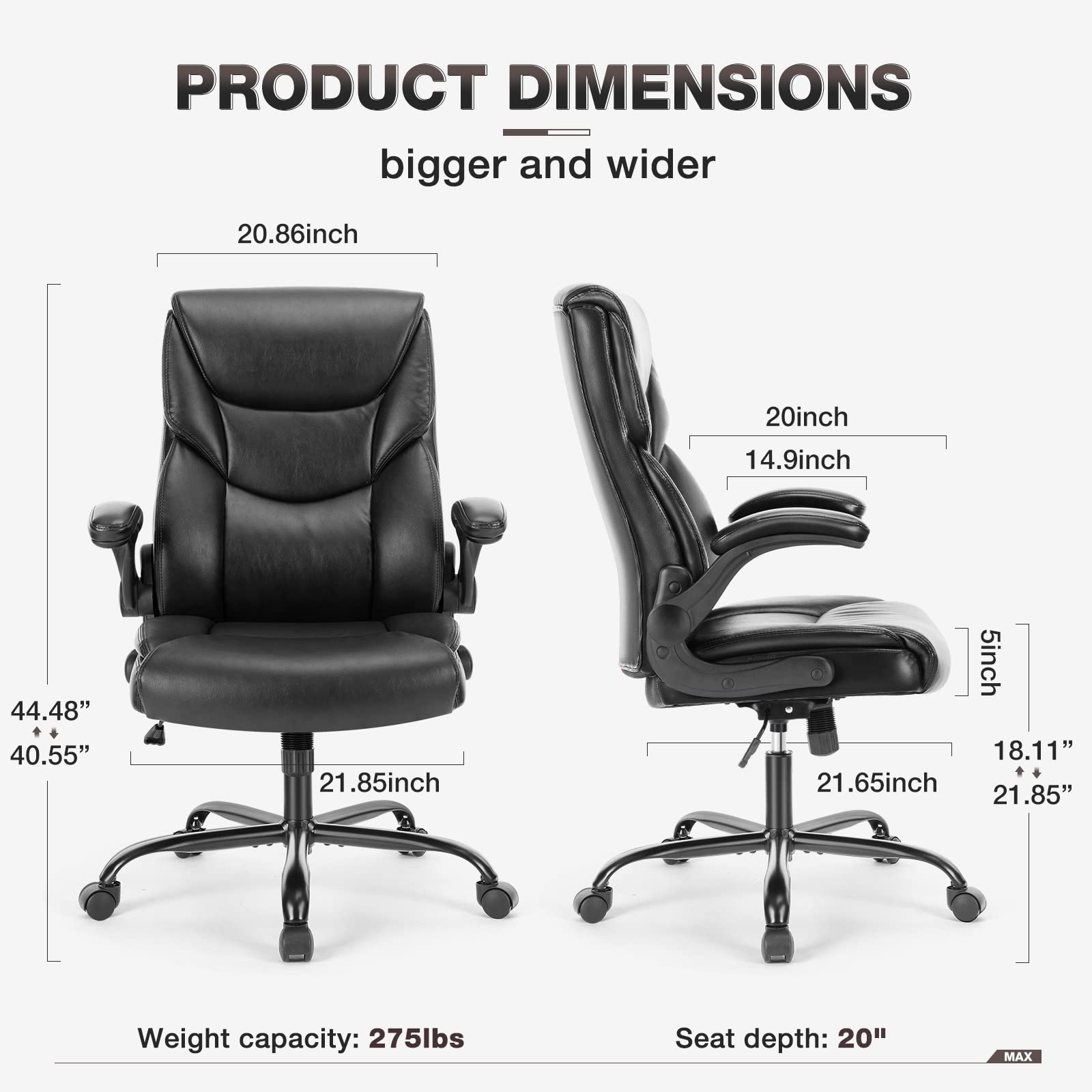 Sweetcrispy Executive Office Chair High Back, Heavy Duty Desk Chair with Wheels Computer Chair with Lumbar Support Height Adjustable PU Leather Office Chair Flip up Arms, Black