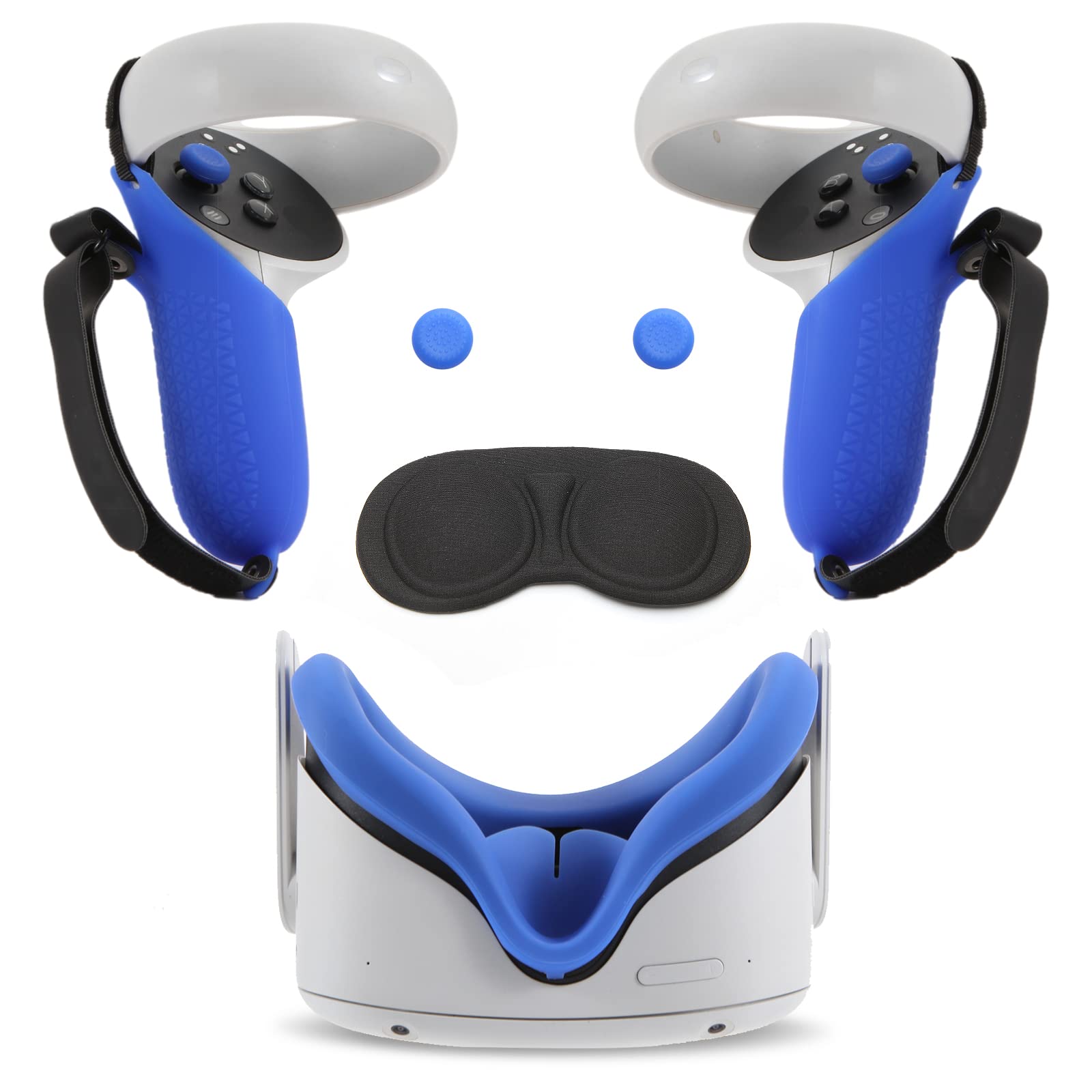 VR Touch Contrller Grips Cover Compatible with Oculus Quest 2,with 1Pcs VR Silicone Face Pad,Lens Protection Cover,Thumbstick Covers,Sweat-Proof/Anti-Throw/Adjustable (Blue/4Pcs Set)