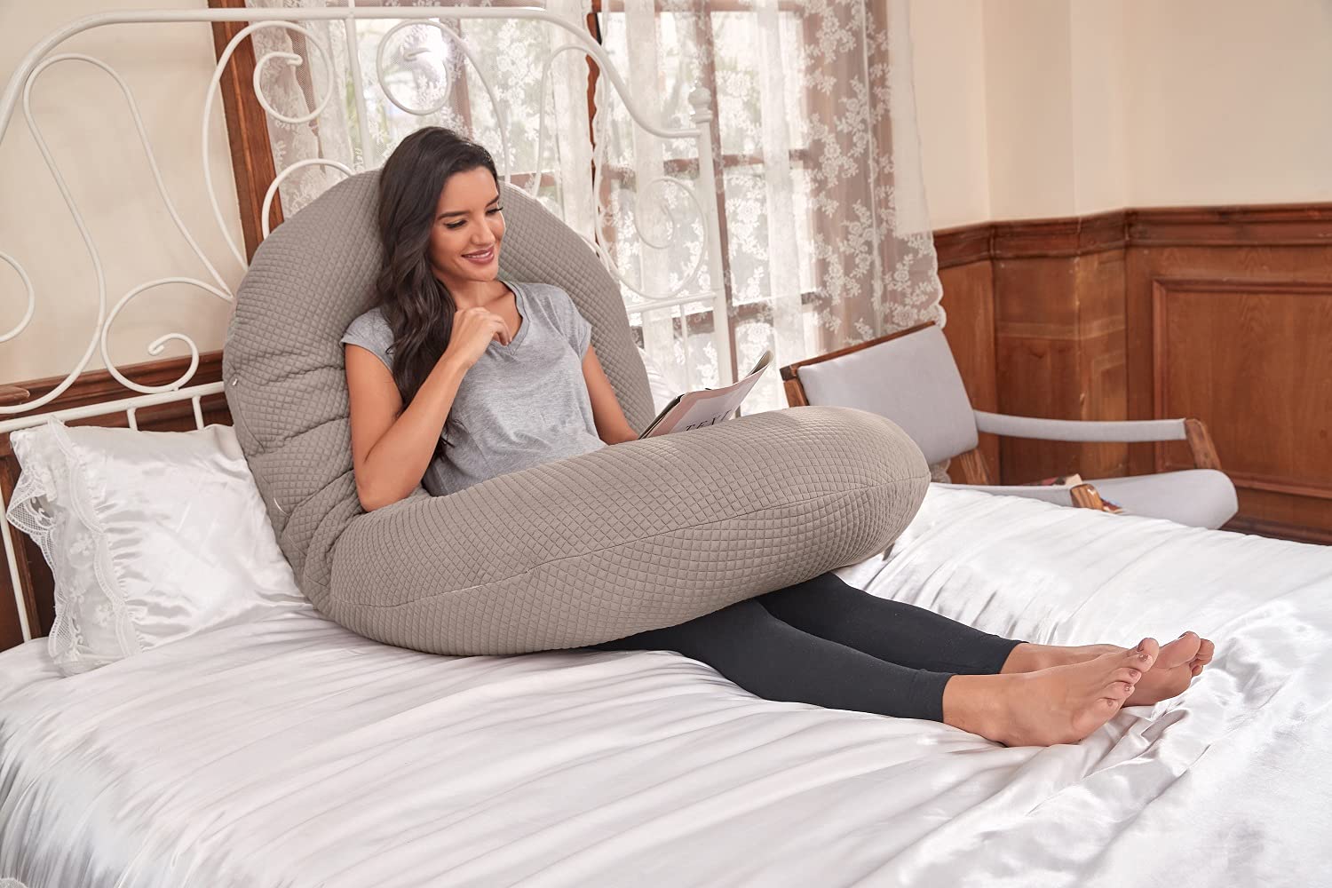 Summer Mae Pregnancy Pillow with Removable Cover, 55 inches C Shaped Full Body Maternity Pillow for Pregnant Women Brown