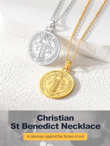 U7 Women Men 18K Gold Plated 925 Sterling Silver 1.5mm Dainty Chain & Coin Saint Benedict Pendant Necklace