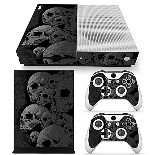 Whole Body Protective Vinyl Skin Decal Cover for Microsoft Xbox One Slim Console, Black Skull Xbox One S Skins Wrap Sticker with Two Free Wireless Controller Decals