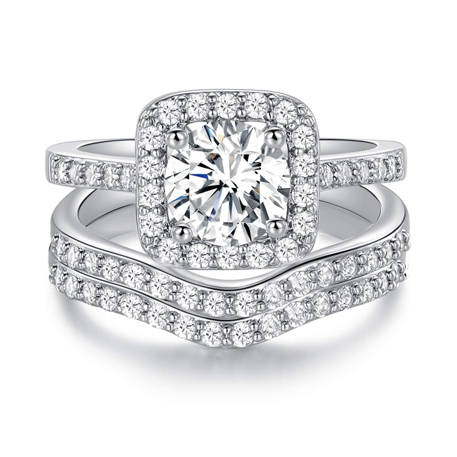 OPOMOMO Three-in-One Wedding Engagement Rings,18K White Gold Plated Halo Promise Eternity Rings 9