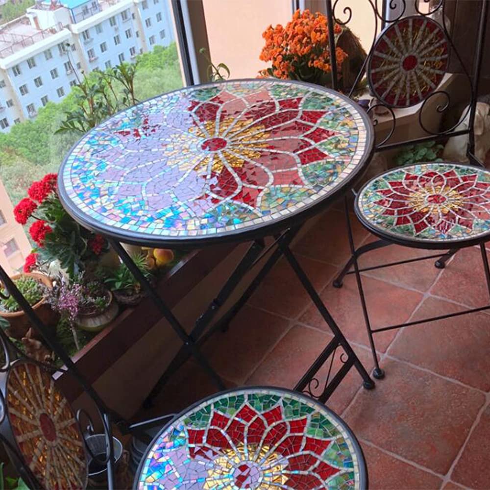 XIAOLIN Mosaic Side Table,Outdoor Garden Patio Tile Top Accent Desk with Round Hand Painted Glass, 23.6" Diameter