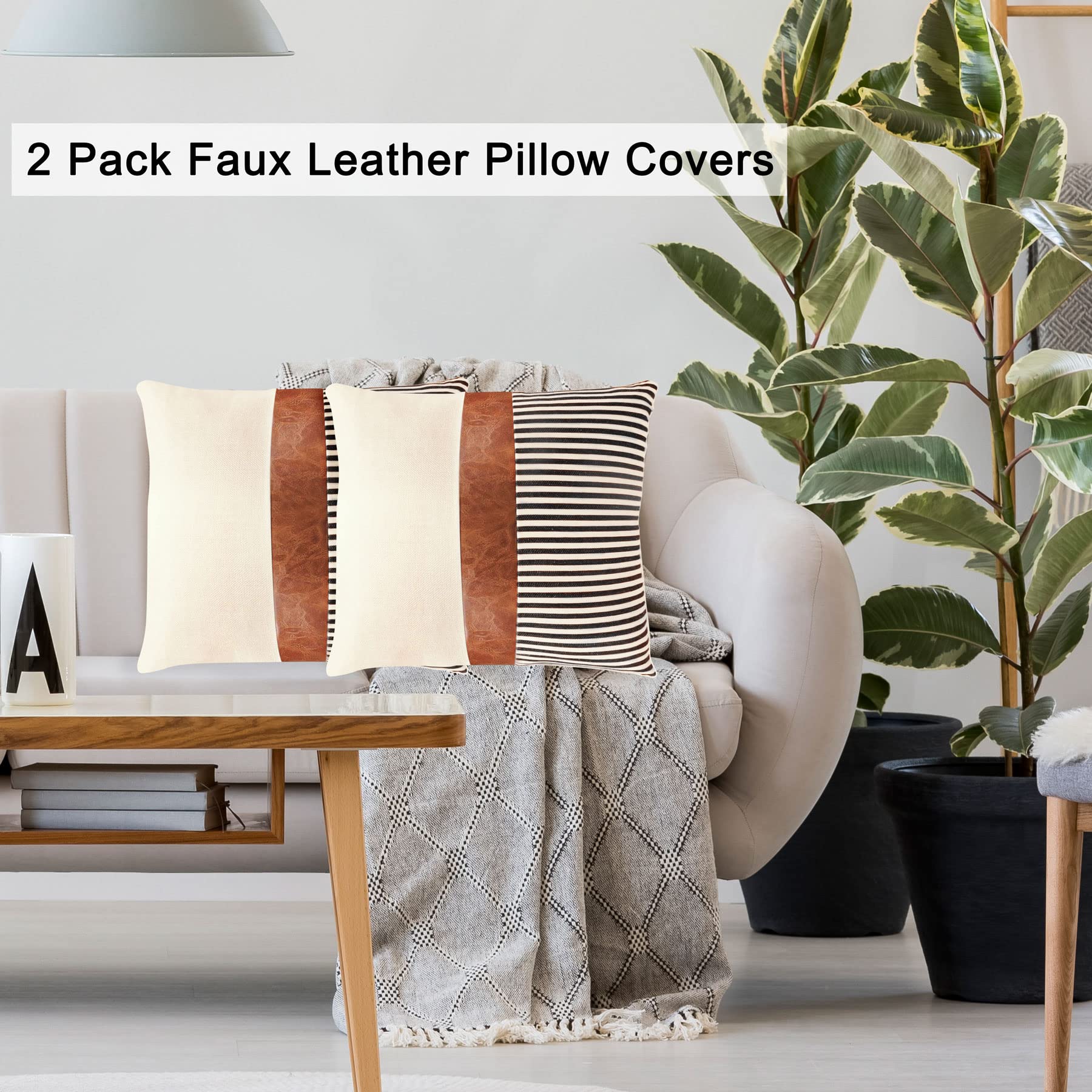TIMDAM Farmhouse Decorative Throw Pillow Covers 18x18, Set of 2 Couch Pillow Cover for Living Room, Stripe Patchwork Linen Pillow Covers, Modern Accent Decor Square Faux Leather Throw Pillow Cases