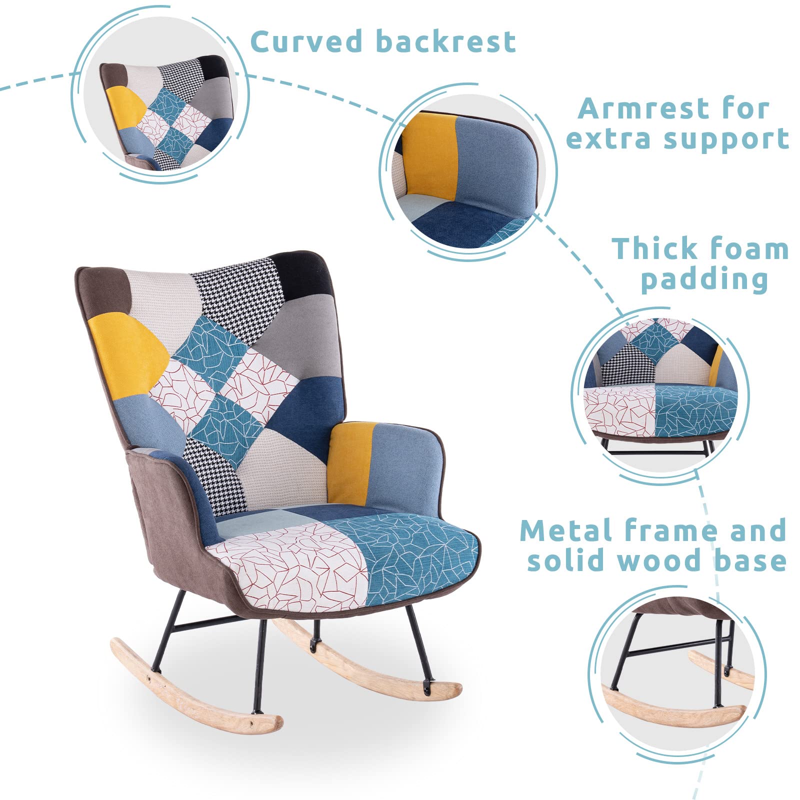 RichFire Rocking Chair, Tufted Upholstered Rocking Chair for Nursery, Comfy Wingback Glider Rocker with Safe Solid Wood Base for Living Room Bedroom Balcony (Patchwork A)